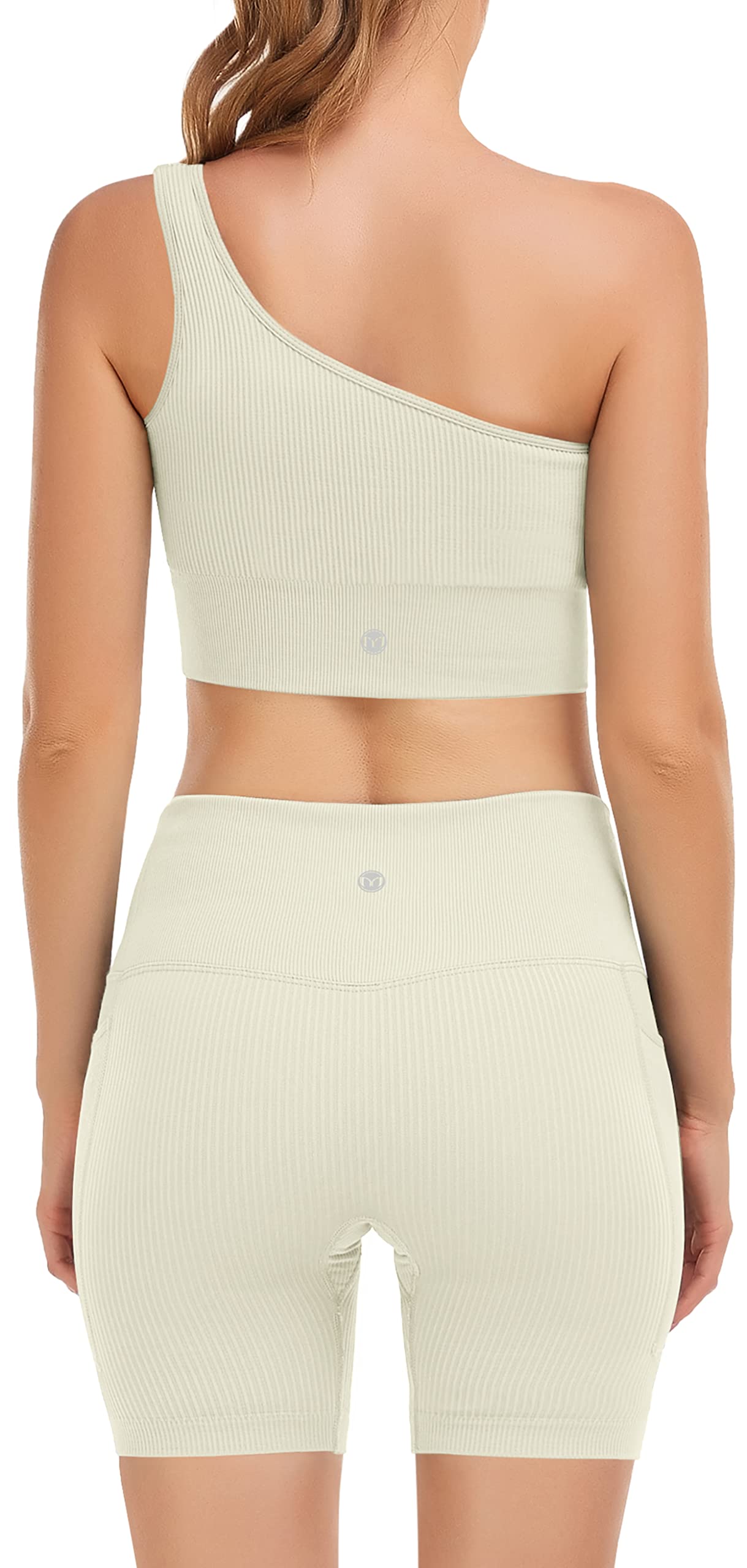 Yoga Workout 2 Piece Seamless Sets with Ribbed Design for Women, No Sleeves with One Shoulder Straps Top