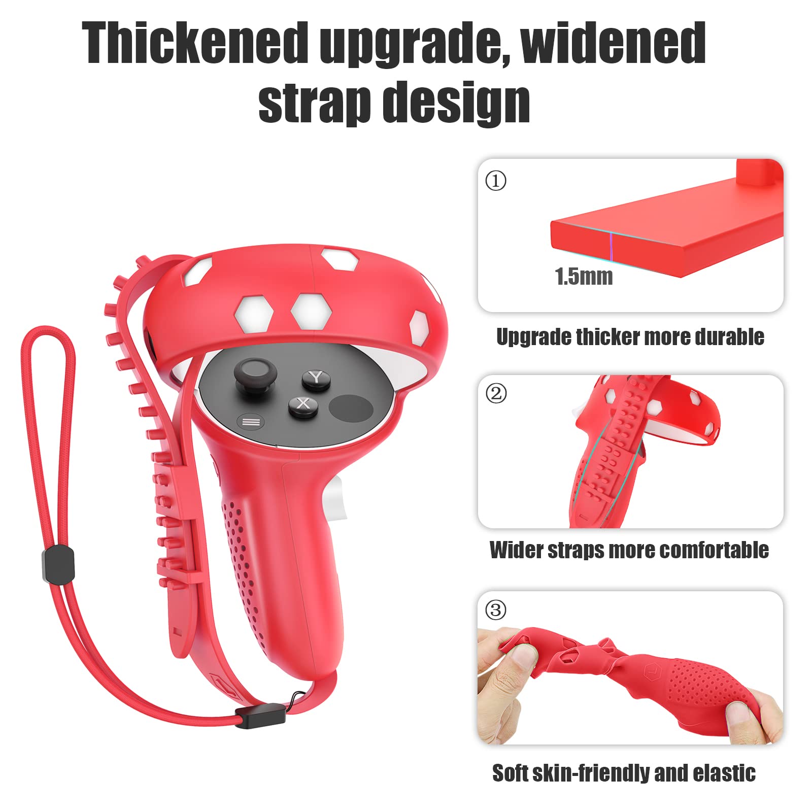 VR Controller Grip Cover, Silicone Face Cover, Protective Lens Cover, Anti-Throw Protector with Adjustable Straps, Full Cover Handle Sleeve for Oculus Quest 2 (red)