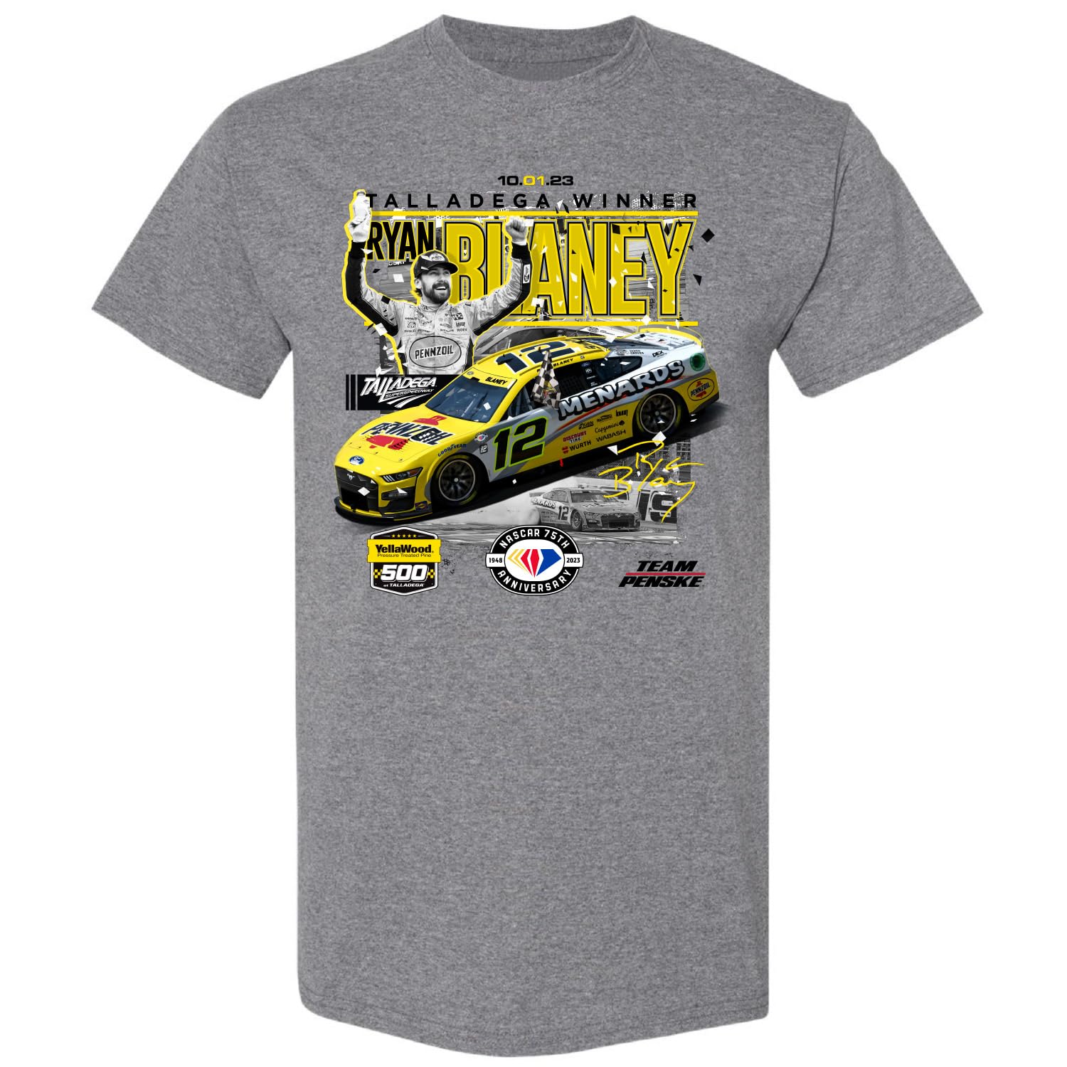 Ryan Blaney #12 NASCAR 2023 Yellawood 500 at Talladega Winner 10.1.2023 Win T-Shirt (US, Alpha, X-Large, Regular, Regular) Gray