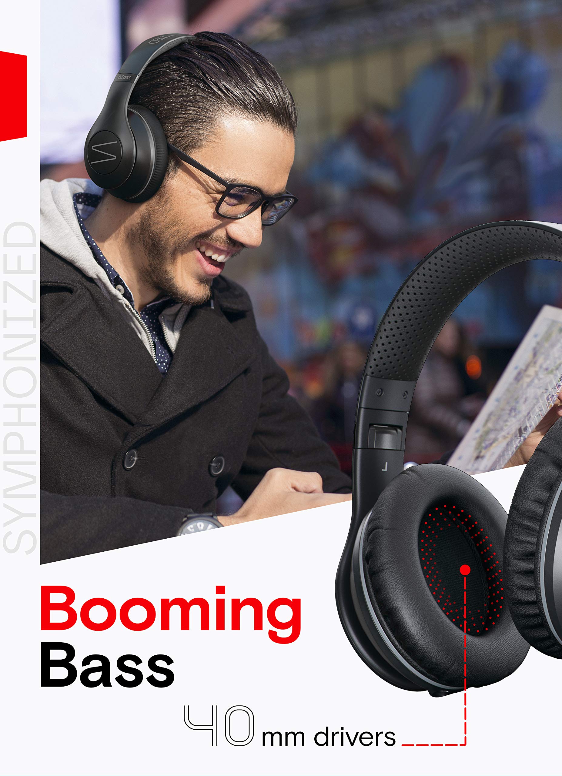 Symphonized 90% Noise Cancelling Over Ear Headphones Wireless β Bluetooth Headphones Over The Ear with Microphone, Cordless Headphones, Over Head Headphones Wireless Bluetooth, Blue Tooth Head Phones