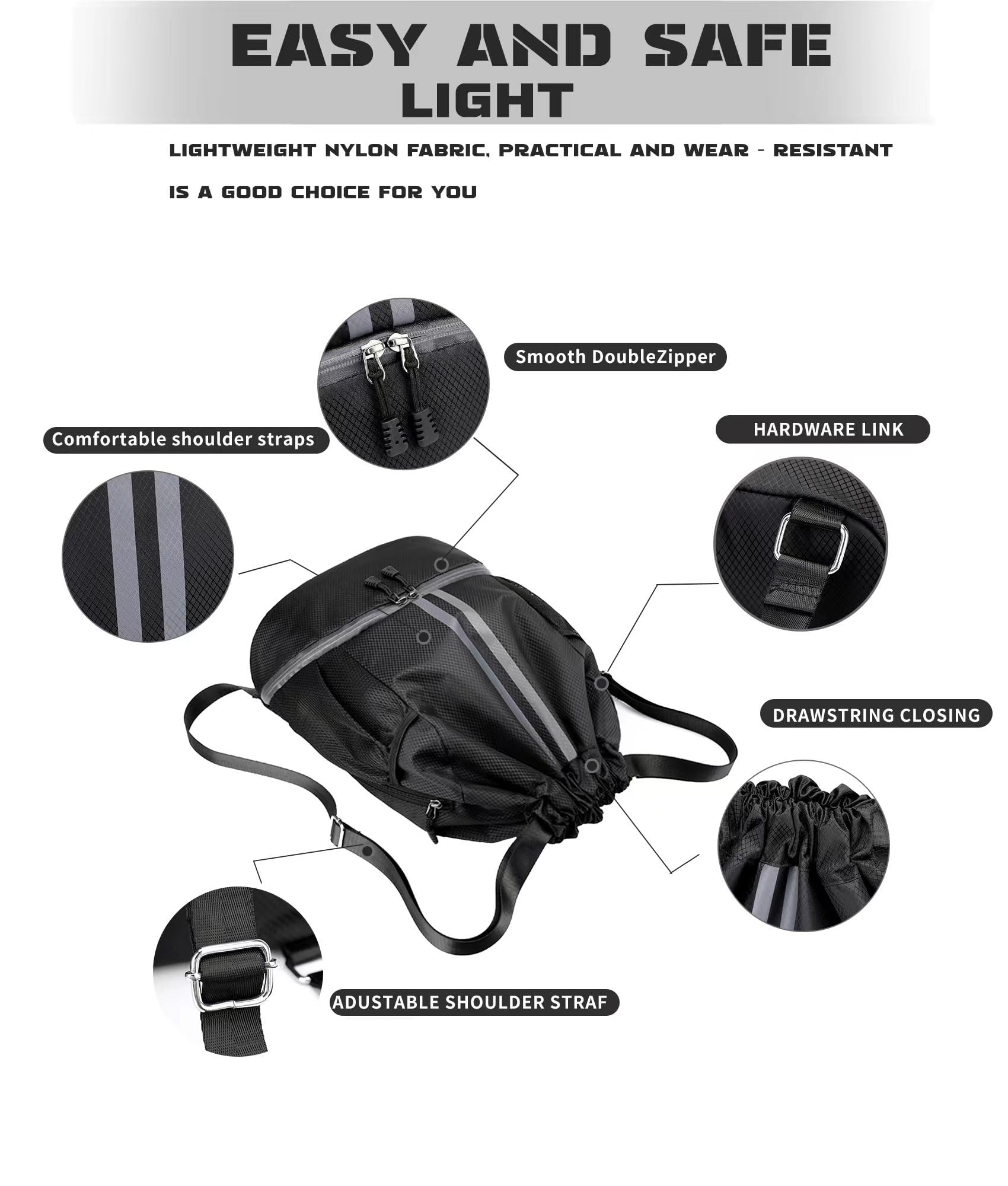 SENIKO Drawstring Backpack,String Swim Gym Bag with Shoes Compartment and Wet Proof Pocket for Women Men Sports Travel (Black)