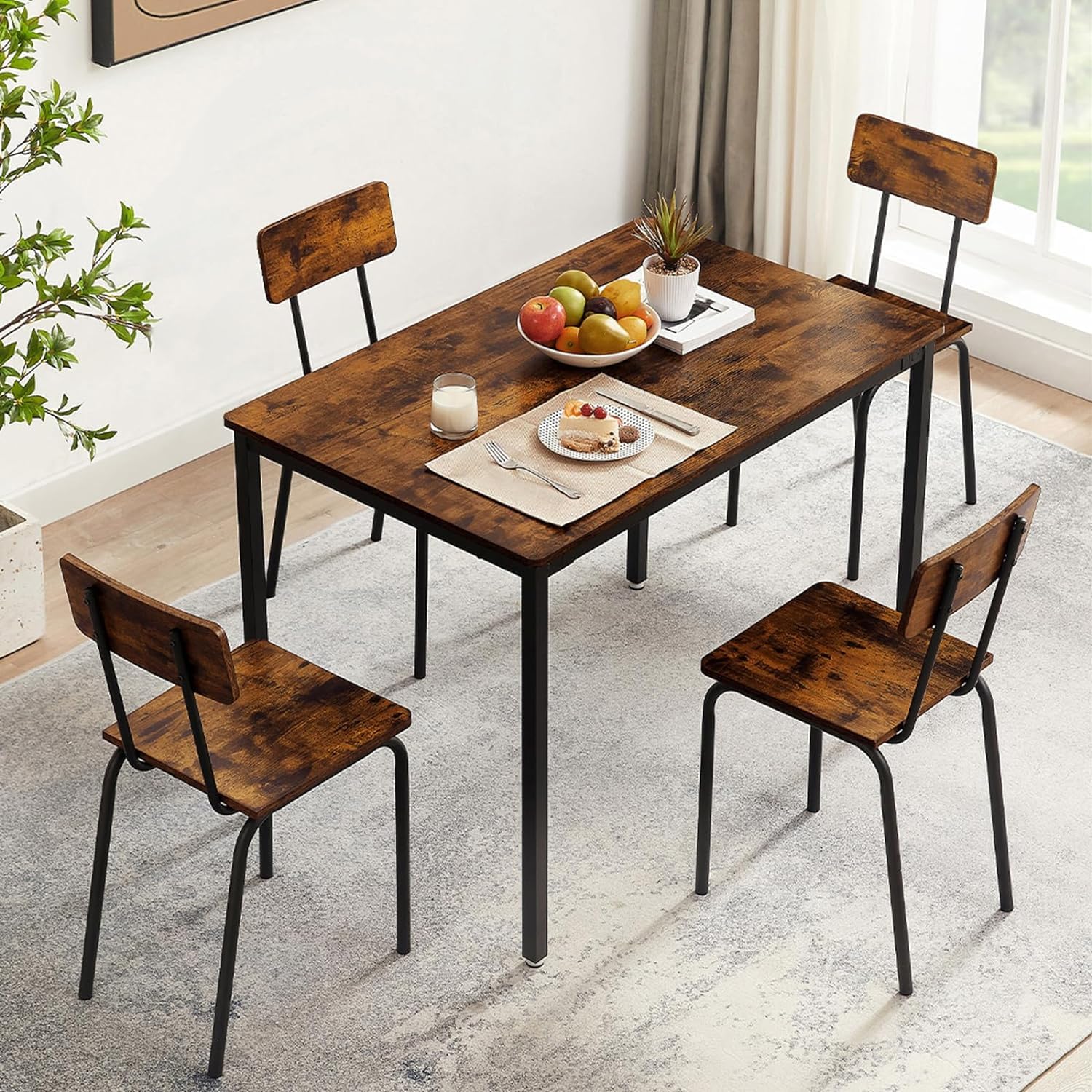 Rovibek 4 Chairs Dining Table Set for 4-8, Modern Space Saving Kitchen Desk, Wooden Industrial Style Farmhouse, 43", Grey