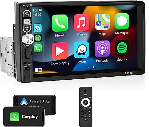 Single Din Car Stereo Compatible with Apple Carplay Android Auto Voice Control, 7 Inch HD Touchscreen Bluetooth 5.1, Subwoofer Output, USB/TF Port, FM, Mirror Link