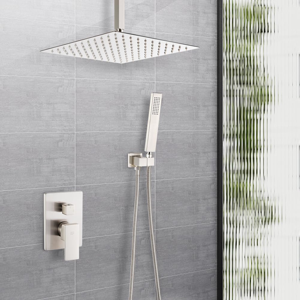 POP SANITARYWARE Ceiling Mount Shower Faucet Set Brushed Nickel Bathroom Luxury Rain Mixer 12 Inch Shower Head System with Handheld Single Handle Shower Trim Kit with Valve