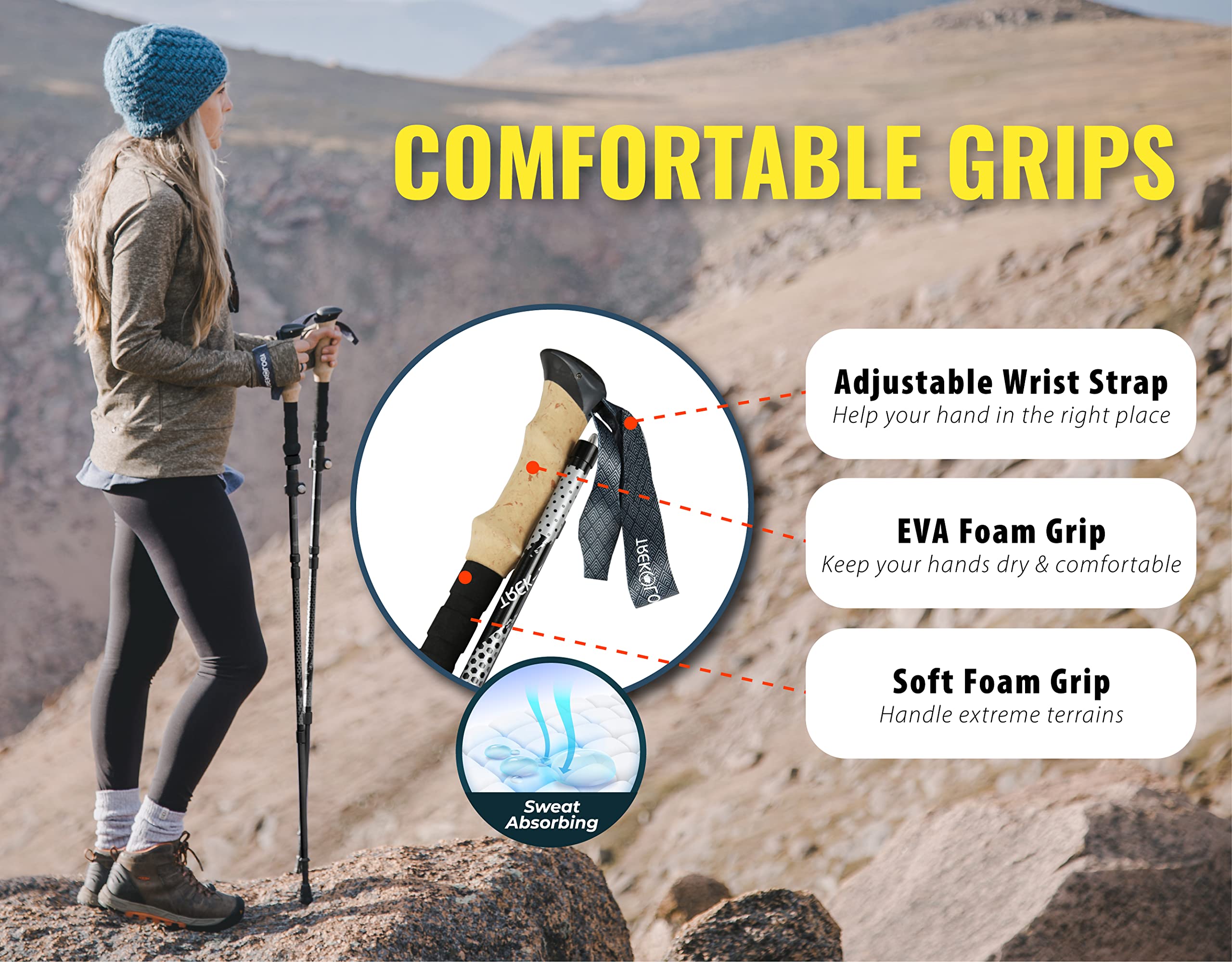 TREKOLOGY Trek-Z (Black 100-120cm) Trekking Hiking Poles / 6 pc Replacement Rubber Tips - Collapsible Folding Walking Sticks,Adjustable Quick Flip-Lock, Foldable Trekking Poles for Hiking.
