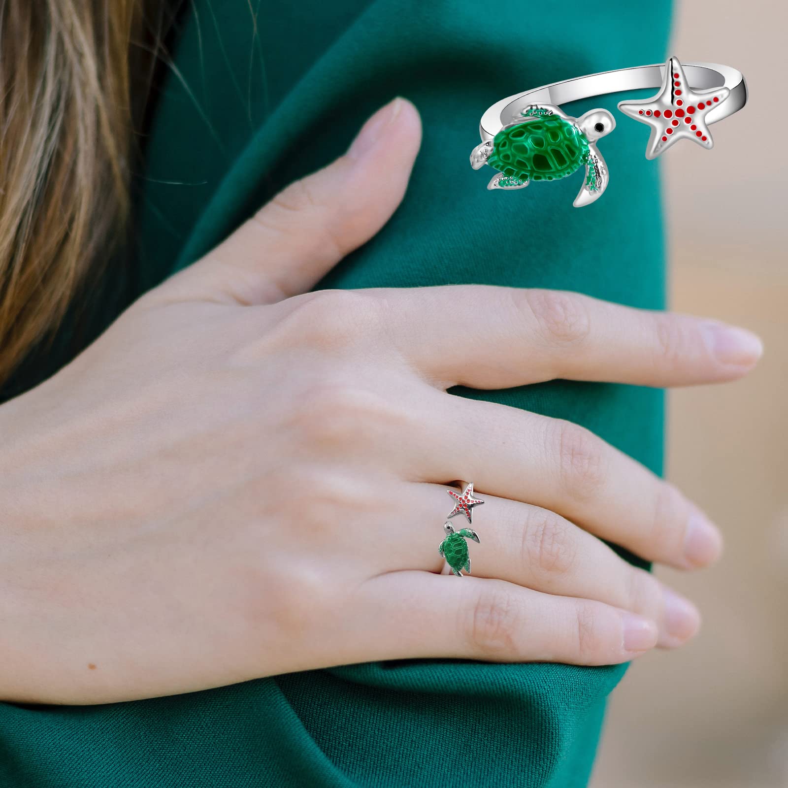 YKYLHSYXR Women's Adorable Green Sea-Turtle Red-Starfish Jewelry