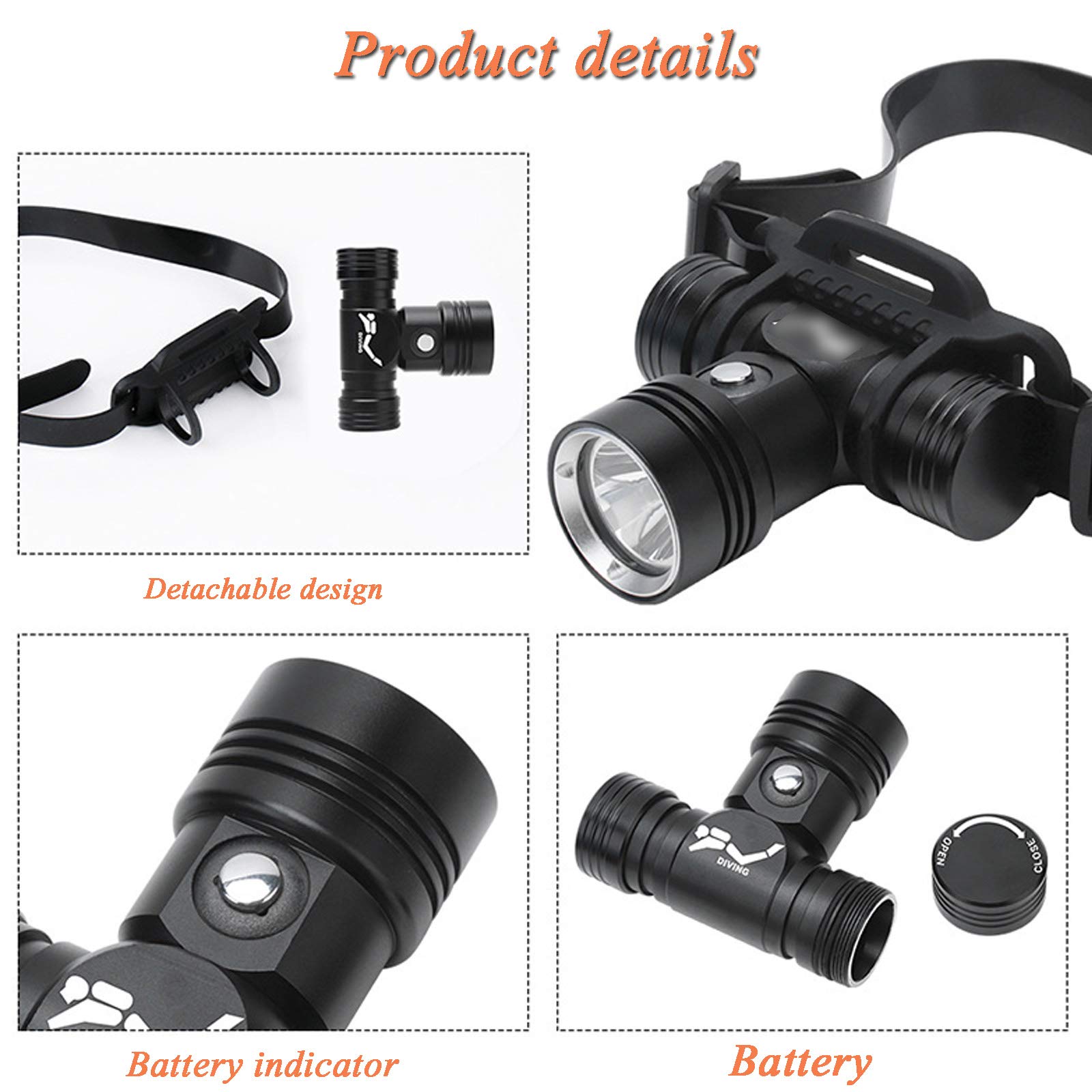 TWW Diving Headlight, Led Outdoor Strong Light Aluminum Alloy Head-Mounted Flashlight, Power Indicator Fishing Light
