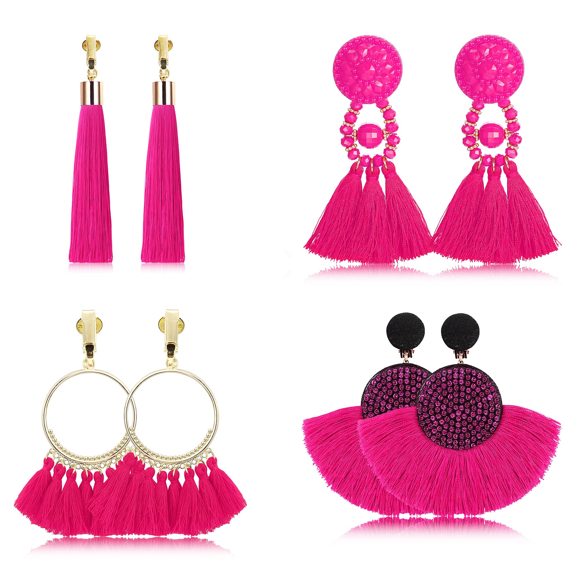 Udalyn 4 Pairs Tassel Earrings for Women Dangle Clip On Earrings Colorful Bohemian Tassel Earrings Statement Earrings Handmade Jewelry Non Piercing Earrings for Sensitive Ears