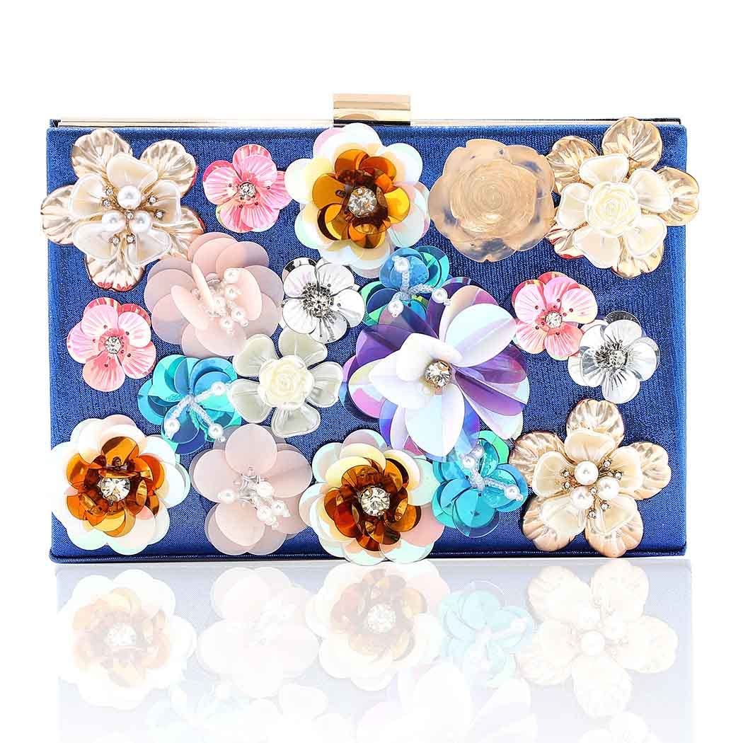 Yokawe Women's Evening Bag Flowers Clutch Purses Floral Bride Wedding Cocktail Handbags (Blue)
