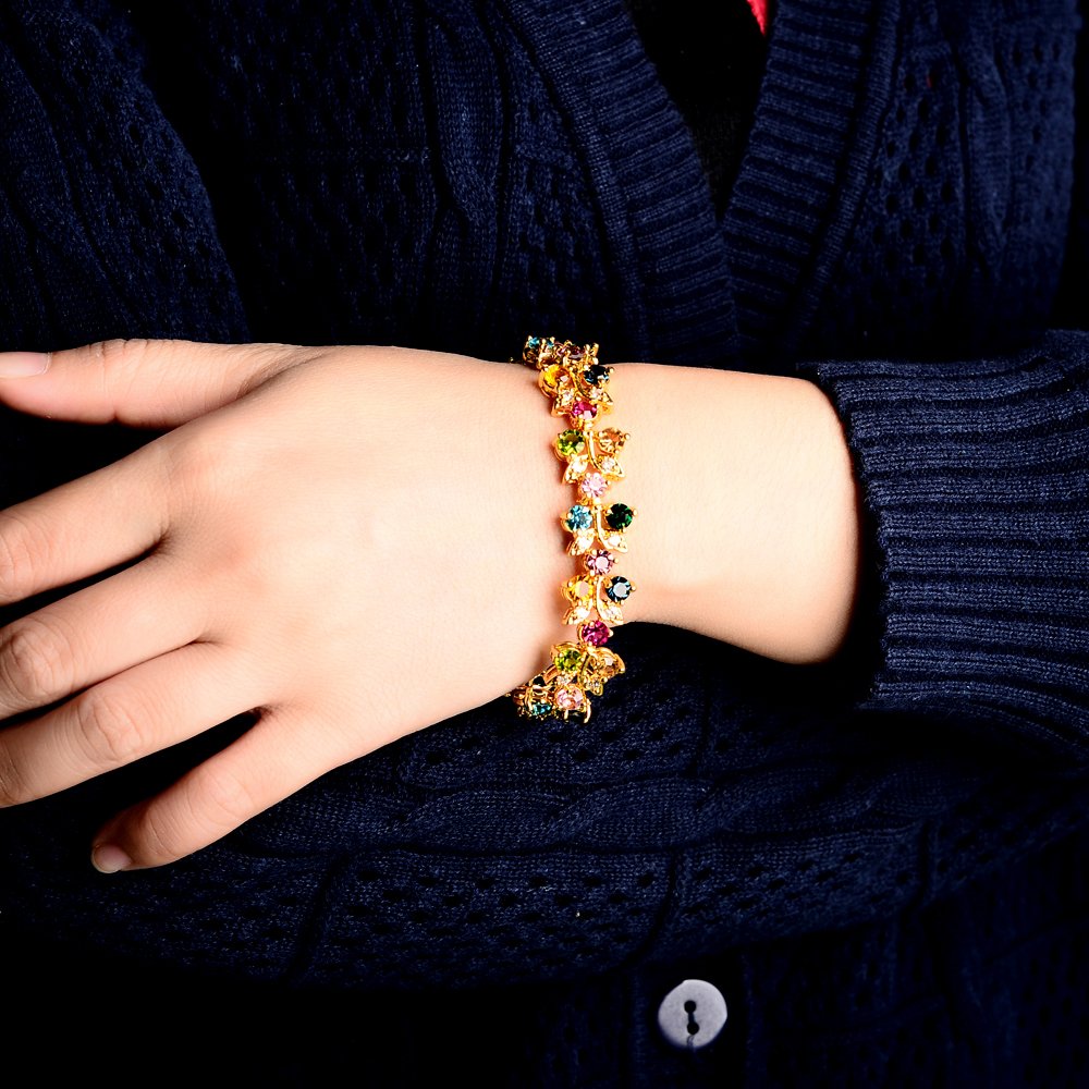 RIZILIA Tennis Bracelet & Round Cut CZ [Multi-color] in Yellow Gold Plated, 7"