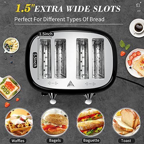 Toaster 4 Slice Stainless Steel Toaster with Bagel, Cancel, Defrost Function, Keenstone 4 Slice Toaster with Removable Crumb Tray, 4 Extra Wide Slots, 6 Shade Settings, Black