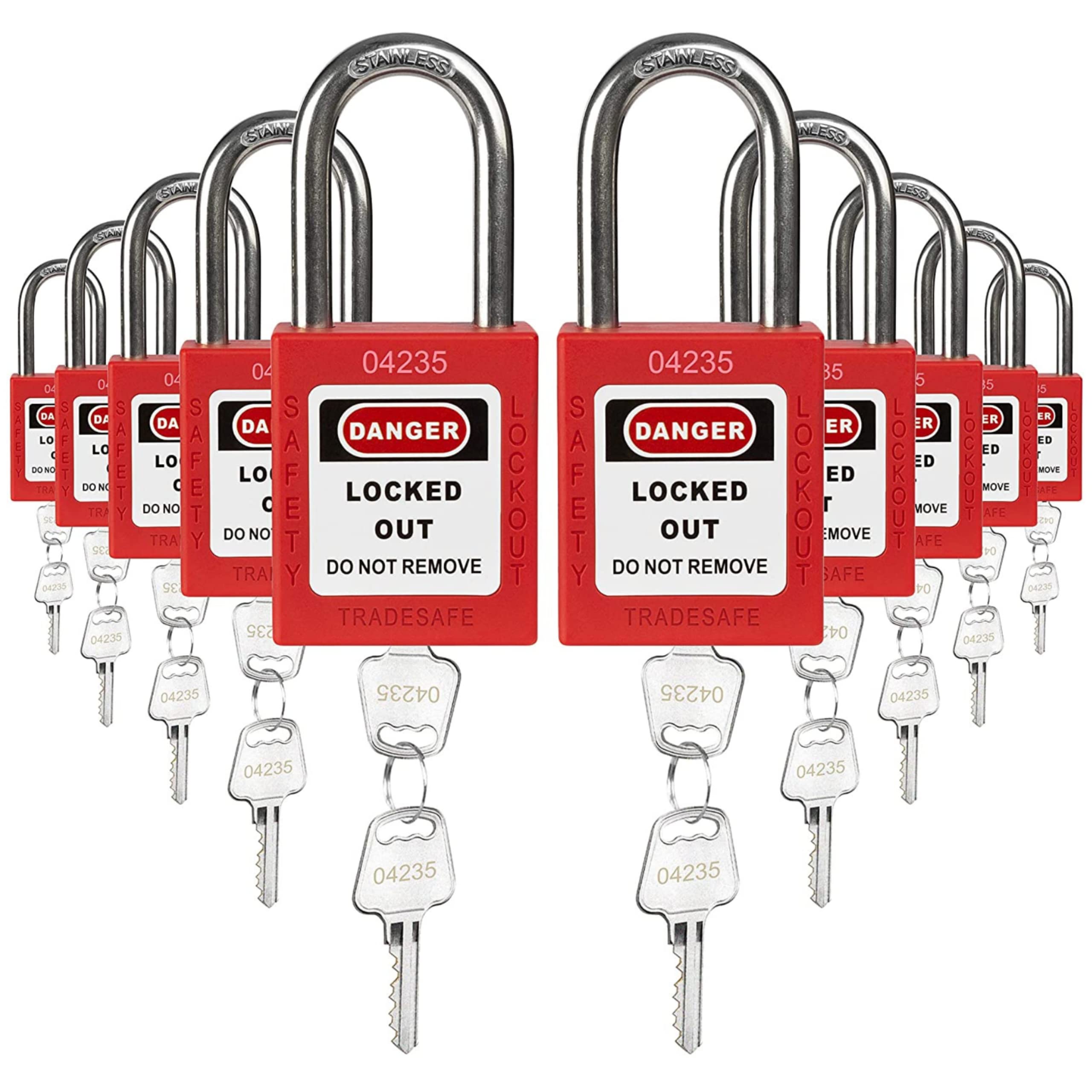 TRADESAFE Lockout Tagout Lock Sets, 10 Red Keyed Alike Safety Padlocks, 2 Keys Per Lock, OSHA Compliant Loto Locks, for Lock Out Tag Out Stations - Premium Grade
