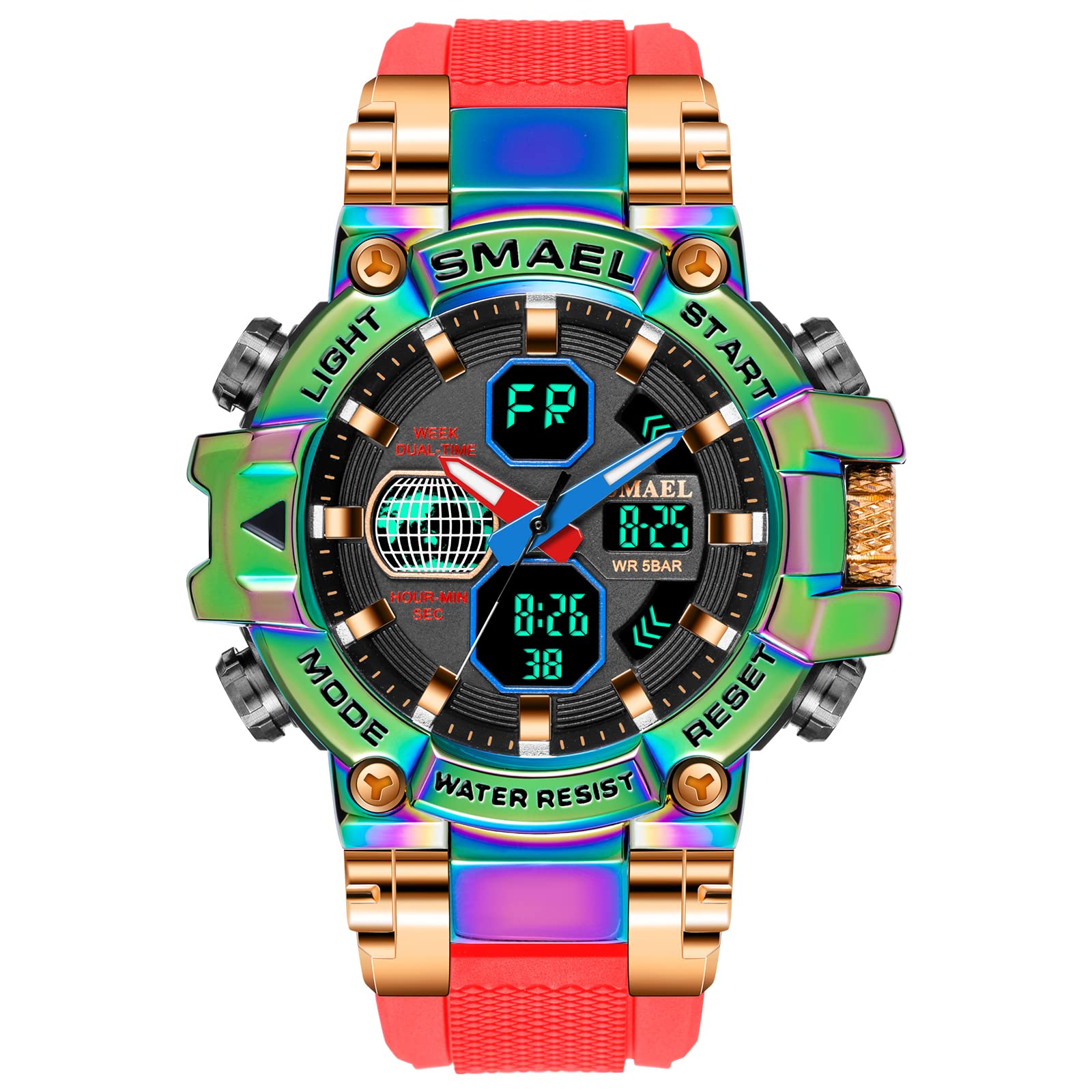 SMAEL Watch 8027 Water Resistant Alloy Watch Sport Analog Digital Quartz Watch Colorful Case (Red)