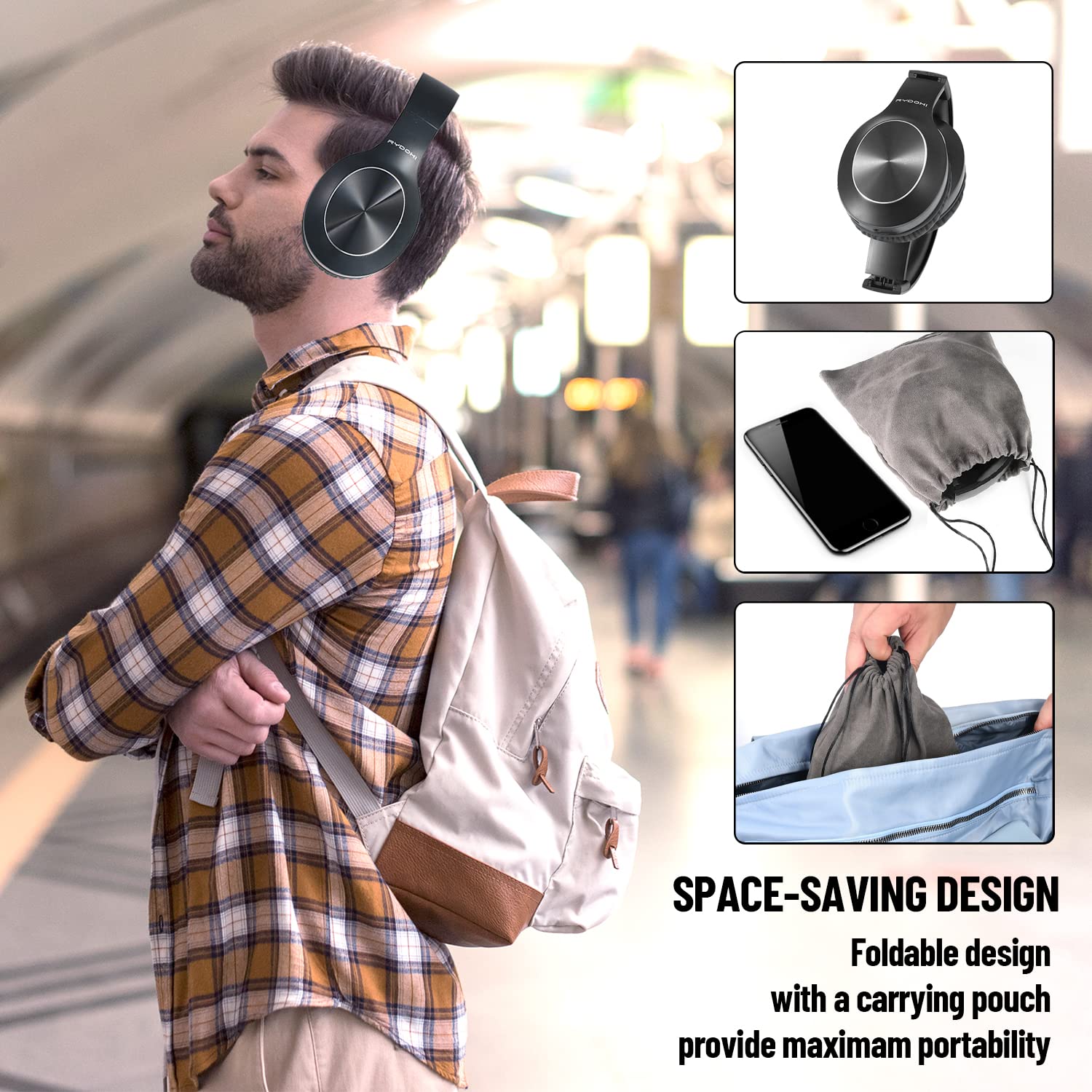 Rydohi Bluetooth Headphones Over Ear, 68H Playtime and 3 EQ Music Modes Wireless Headphones with Microphone/Deep Bass, HiFi Stereo Foldable Lightweight Headset for PC Home Travel Office (Black