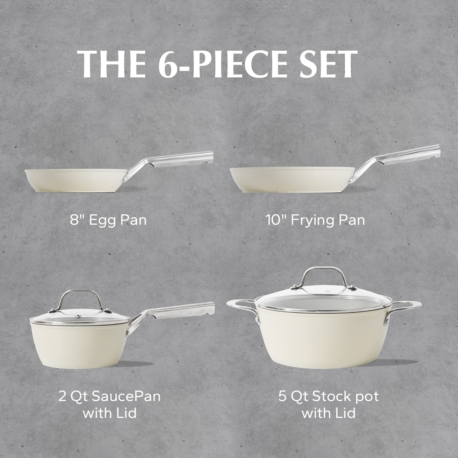 Rockurwok 6 Pcs Ceramic Nonstick Cookware Set, Durable Pots and Pans Set, Inducton, Dishwasher & Ovens Safe, Free of PFAS & PTFE, White