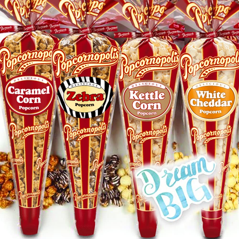 Popcornopolis Gourmet Popcorn β Premium Pack of 4 Popcorn Mini Cones & Exclusive Inspirational Sticker! Small Storage Space Friendly & Great Stocking Stuffers!