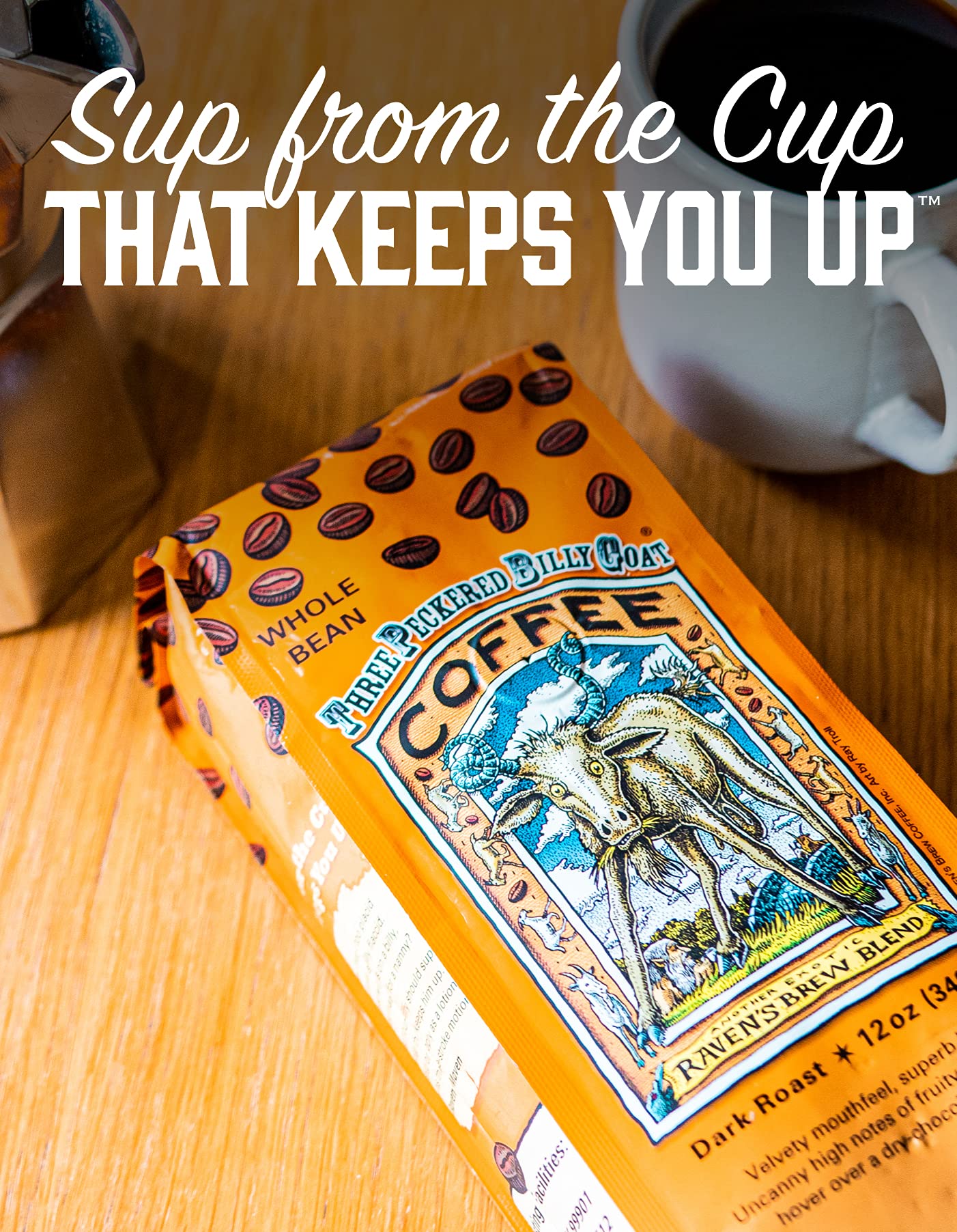 Raven's Brew Coffee High Caffeine Coffee Dark Roast Whole Bean β Three Peckered Billy Goat 2-pack of 12oz