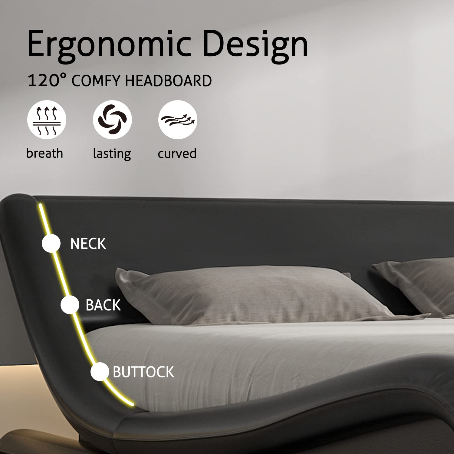 SHA CERLIN King Size Bed Frame Luxury Wave-Like Modern Upholstered Low Profile Platform Bed, Faux Leather Sleigh Bed with Adjustable Headboard, No Box Spring Needed, Black