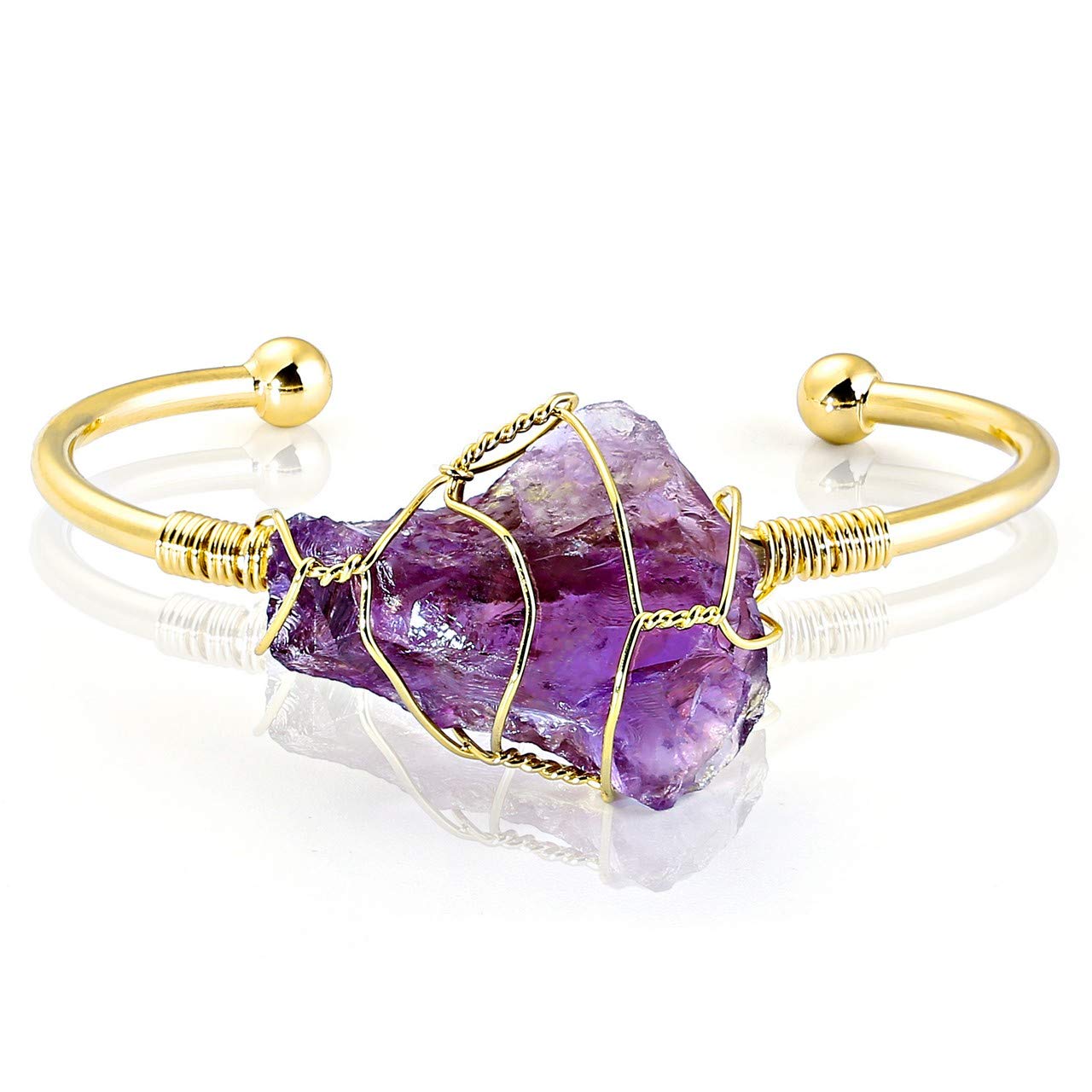 Top Plaza Natural Healing Crystal Amethyst Wrapped Gemstone Cuff Bracelet Womens Golden Cuff Bangle