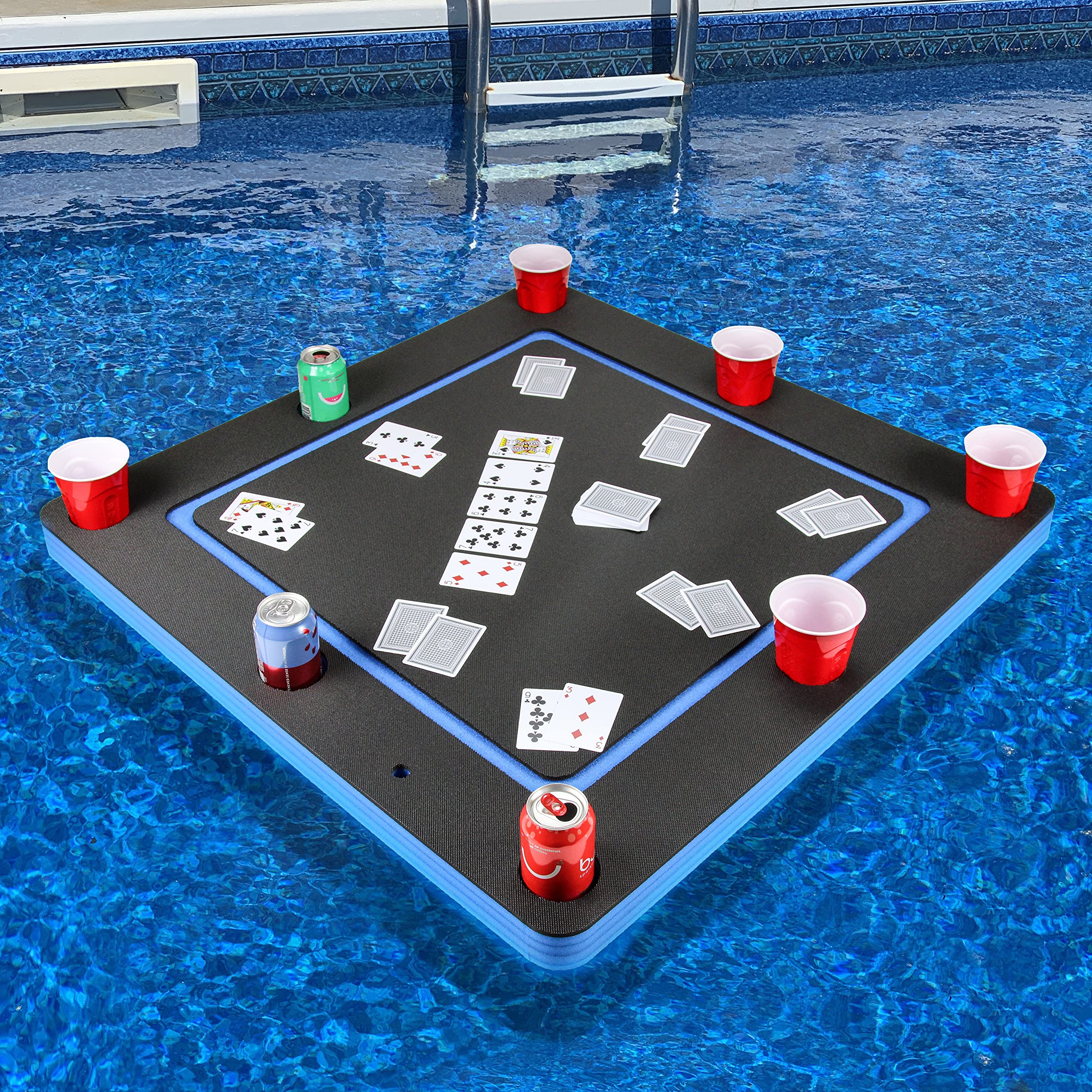 Polar Whale Floating Blue and Black Game or Card Table Tray for Pool or Beach Party Float Lounge Durable Foam Large 36 Inch Drink Holders with Waterproof Playing Cards Deck UV Resistant