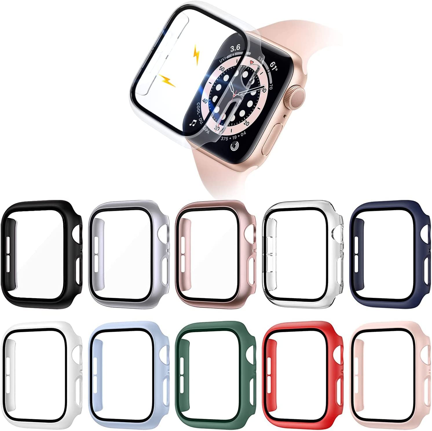 VASG [10 Pack] Hard PC Case Compatible with Apple Watch Series 6 / SE/Series 5 / Series 4 44mm with Built in Tempered Glass Screen Protector, Ultra-Thin Full Cover Bumper Compatible with iWatch 44mm
