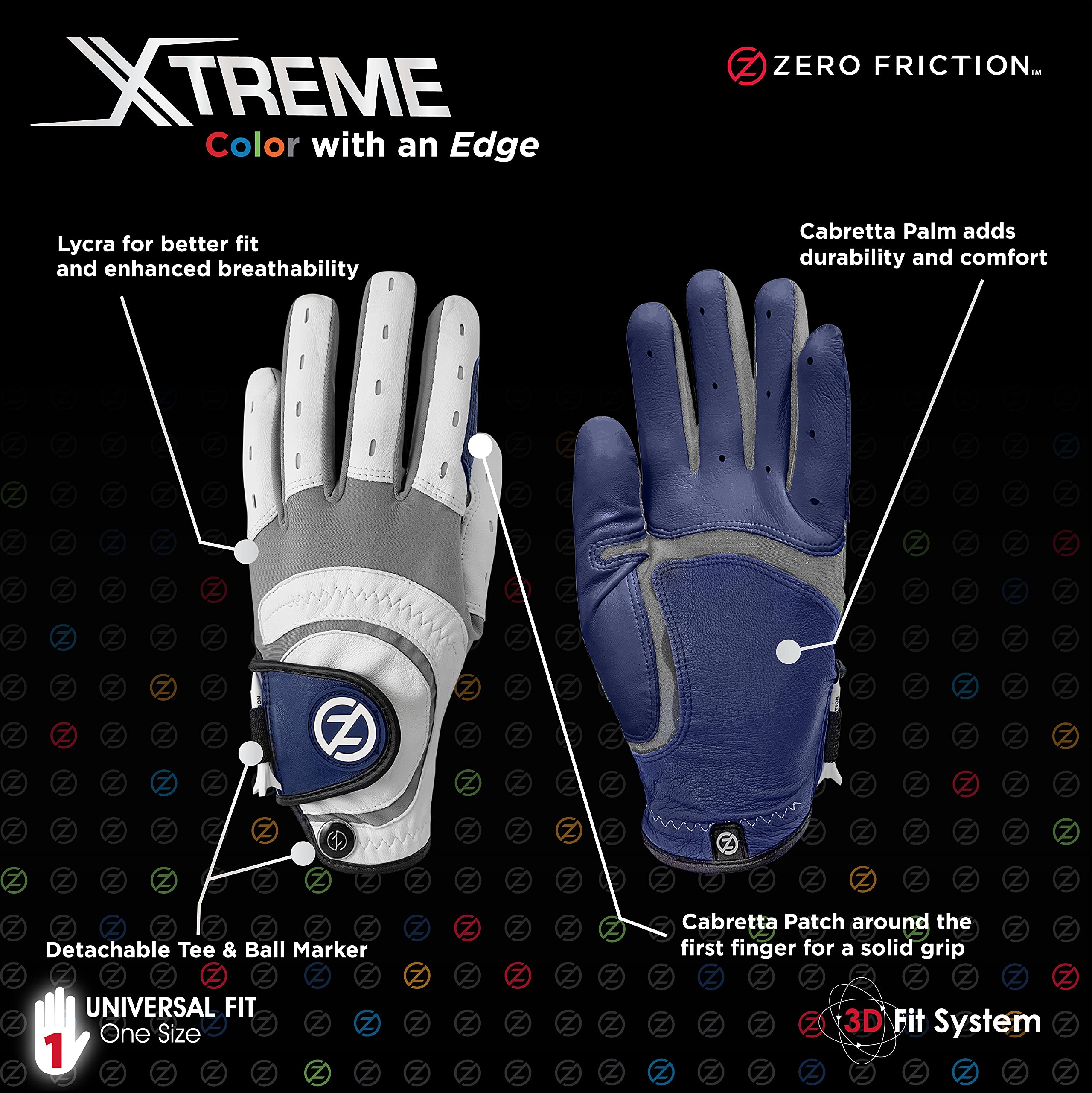 Zero Friction Men's Xtreme Cabretta Golf Glove, Universal Fit One Size, White/Navy LH