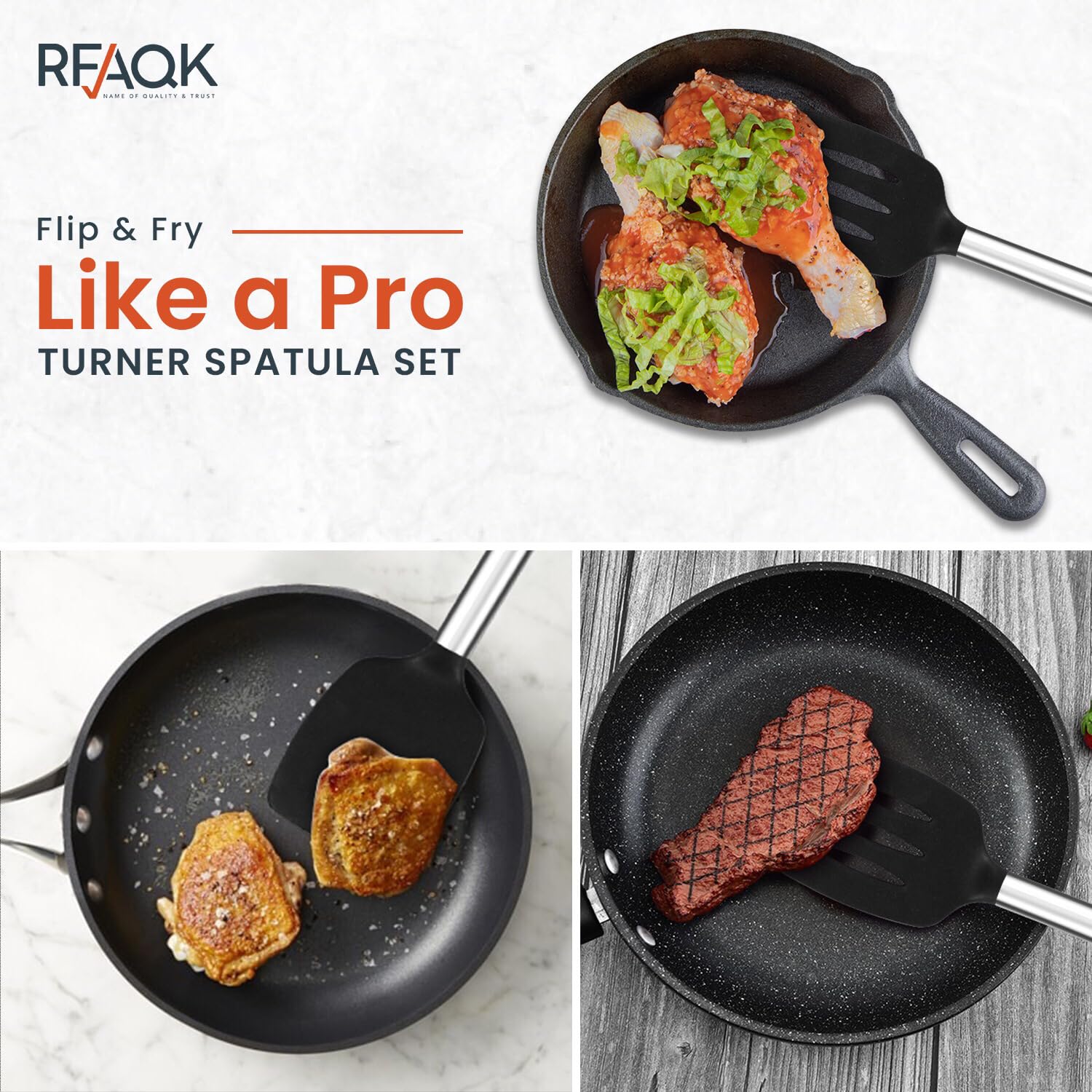 RFAQK 4PCs Solid & Slotted Turner and Spoon Spatula Set - 446°F Heat Resistance, For Nonstick Cookware, BPA Free Rubber Cooking Utensils Set - Ideal for Cooking, Mixing and Serving
