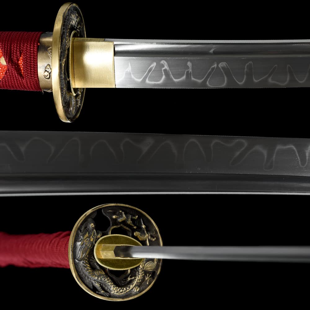 Real Japanese Samurai Katana Sword 1095/T10High Carbon Steel Heat Tempered/Clay Tempered, Full Tang Dragon Tsuba,Full Tang,Functional Sharp…