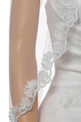 SAMKY 1T 1 Tier Floral Scallop Embroided Lace Pearl Veil - White Fingertip Length 36" V470