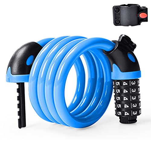 UFFD Bike Lock, Coiled Security Resettable Combo Combination,Cable Lock 6 Feet Long,Lock Bicycle Lock with Mounting Bracket (Color : Blue, Size : 12mm/120CM)