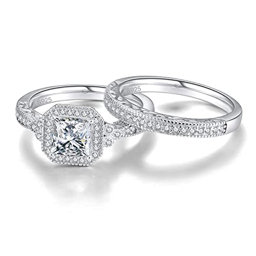Yaresul 0.8ct Princess Cut Engagement Ring Sets 6X6mm White AAA Solitaire Cubic Zirconia Engagement Ring Set 925 Sterling Silver Wedding Ring Set for Women Size 6.5