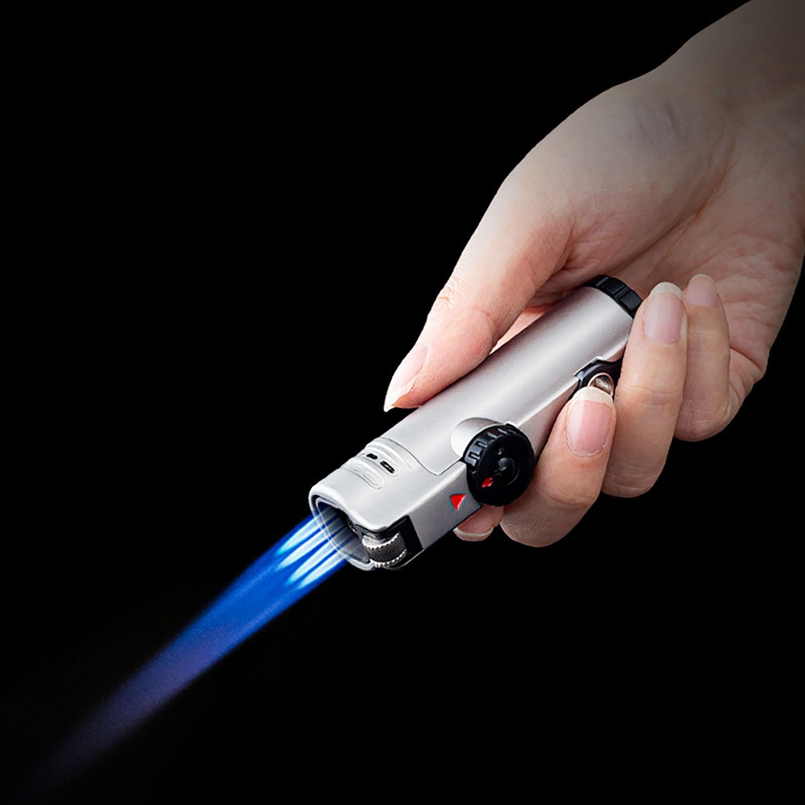 RobinCath Jet Flame Torch Lighter with Punch, Pocket Lighter with Fluid View Window Refillable Butane Lighter Adjustable Flame Windproof Lighter (Butane Gas Not Included) (Silver