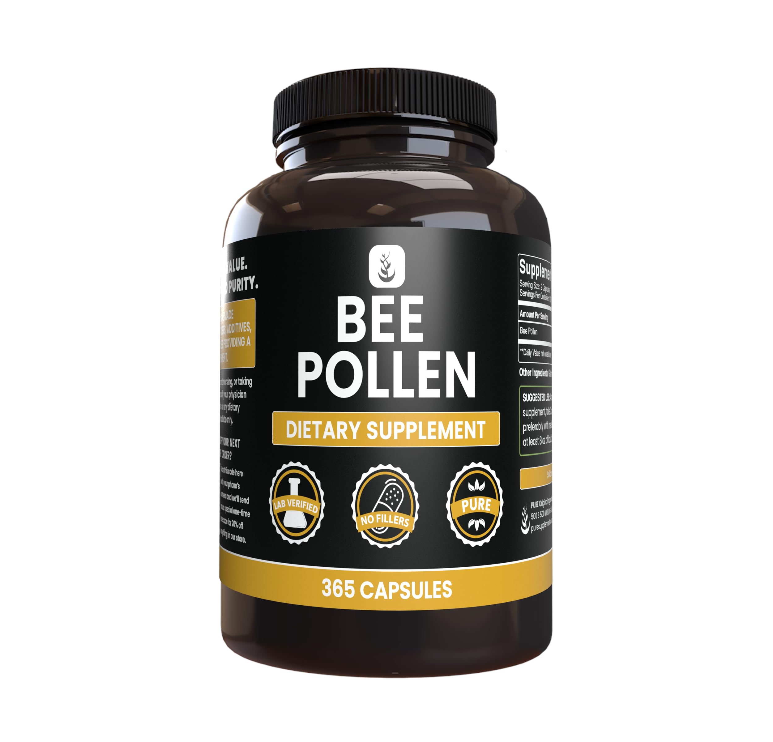 PURE ORIGINAL INGREDIENTS Bee Pollen (365 Capsules) No Magnesium Or Rice Fillers, Always Pure, Lab Verified