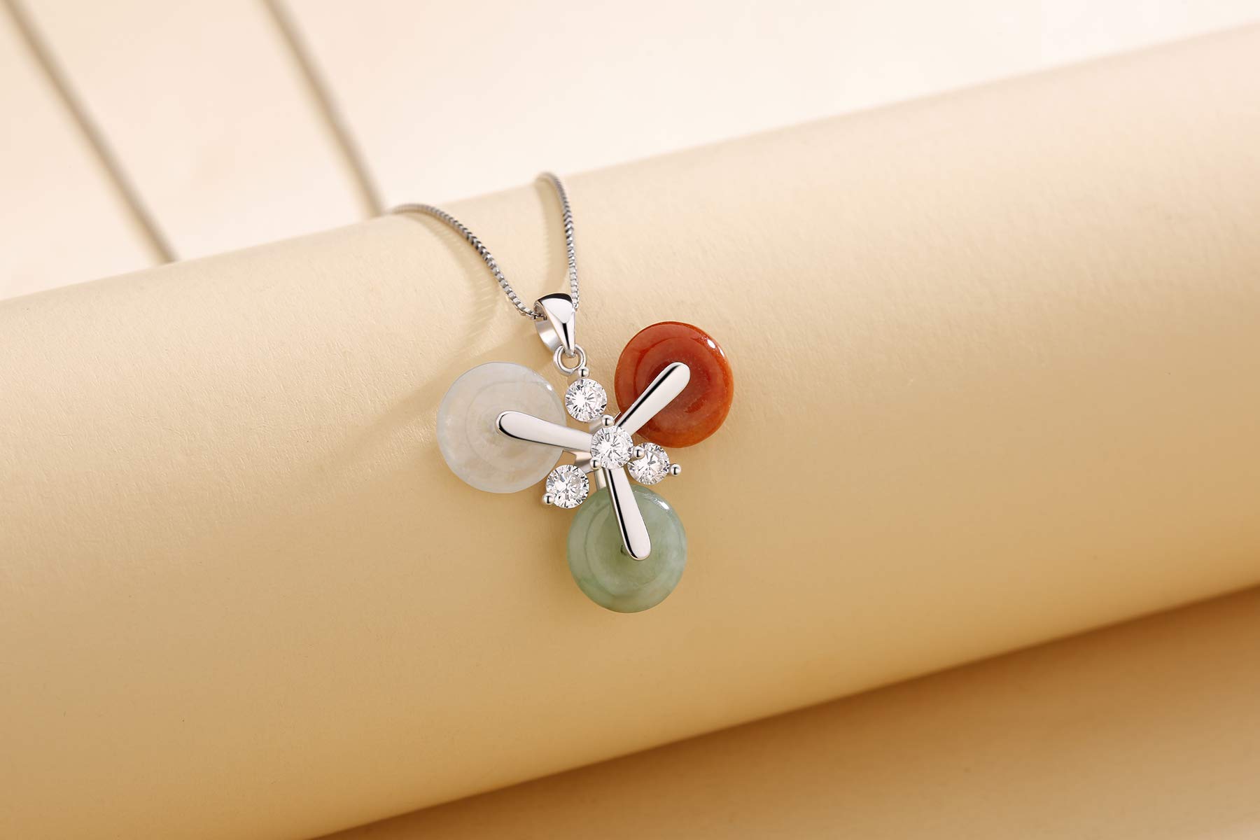 xiao nian jewelry Natural Fine Jade Pendant Set with Silver Support 18" Sterling Silver Necklace(Green,Orange,White, 1)