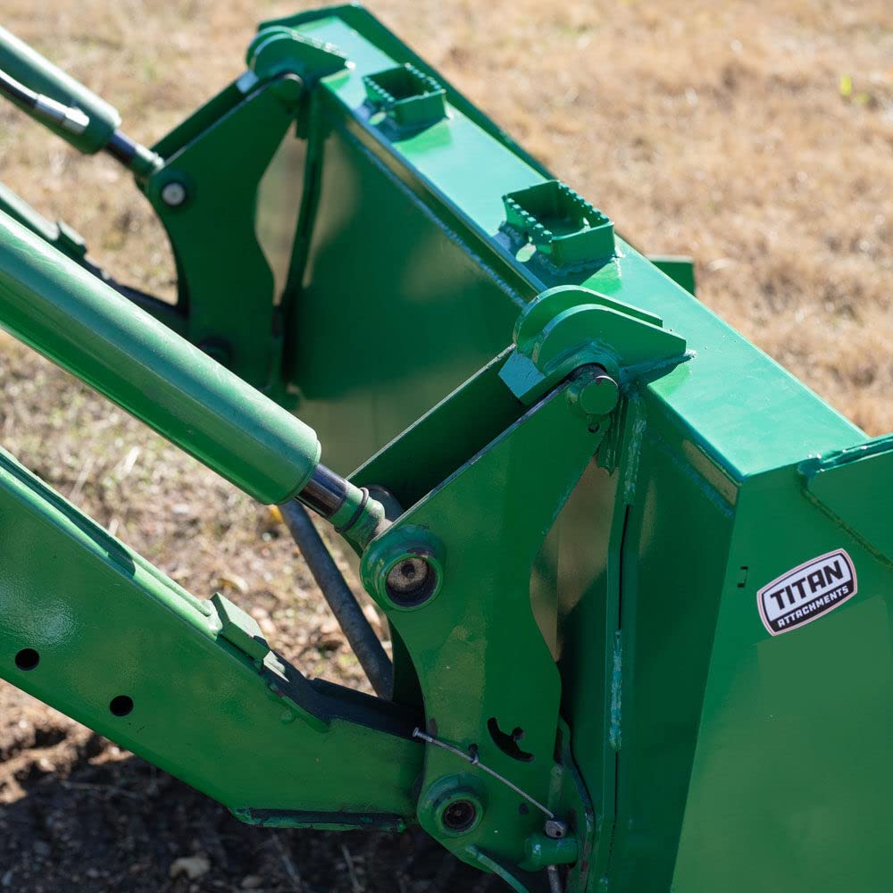 Titan Attachments 4FT Dirt Bucket Attachment Fits John Deere Hook and Pin Tractors, Low Profile Bucket for Dirt, Debris, Material Loading with Reinforced Gussets
