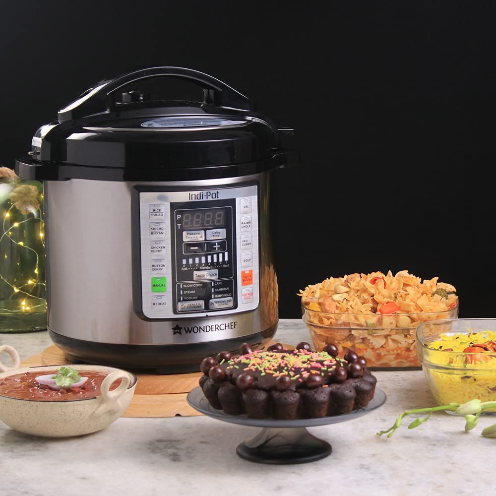 Wonderchef 6 Quart Indian Cooking Multi-use Programmable 7-in-1 Stainless Steel Pressure Cooker, Steamer, Yogurt Maker, Sauté, Rice Cooker, Warmer and Slow Cooker; 6-quarts