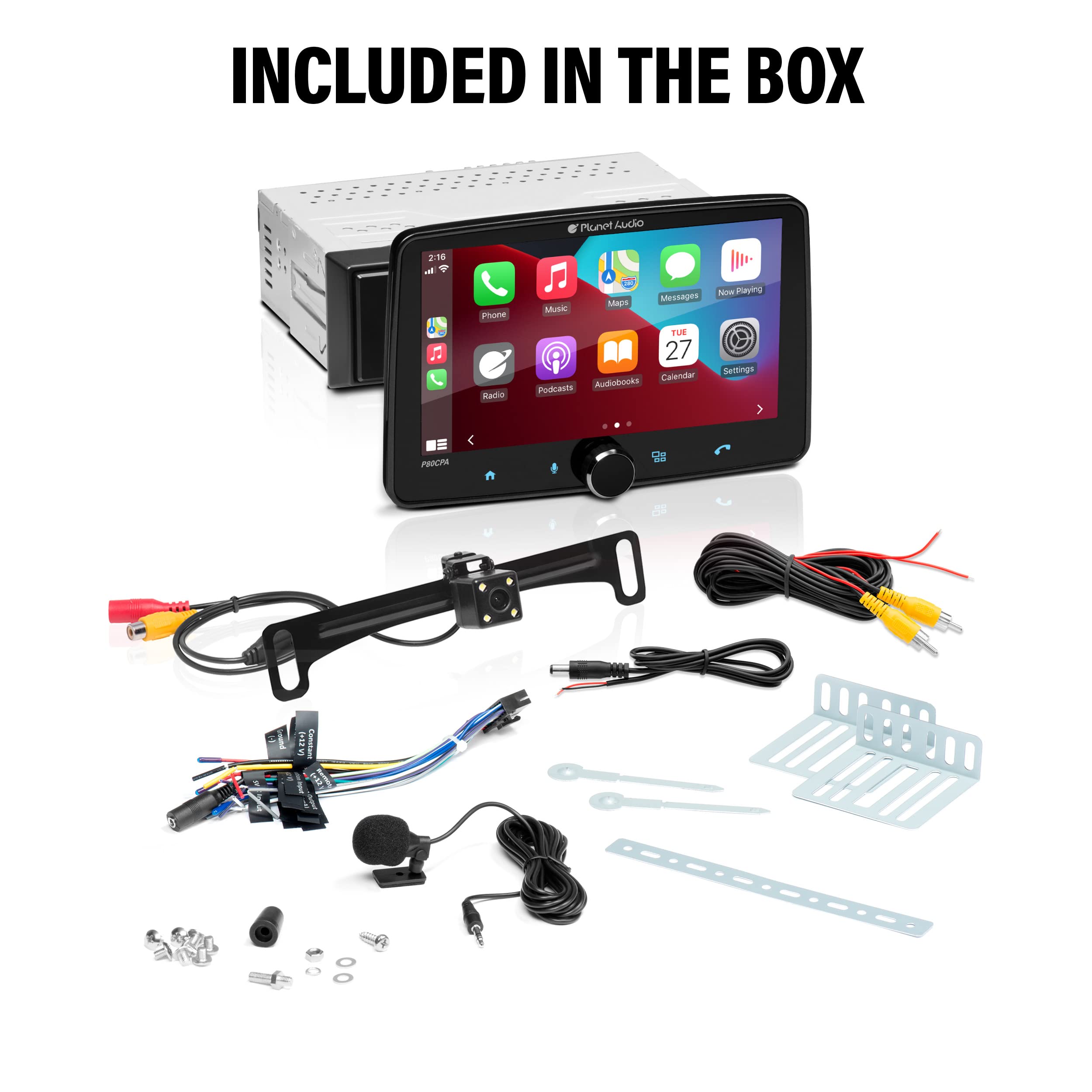 Planet Audio P80CPAC Car Stereo System, Apple CarPlay, Android Auto - Single Din, 8 Inch Touchscreen, Bluetooth Audio and Calling Head Unit, AM/FM Radio Receiver, No CD Player, USB, Hook to Amplifier