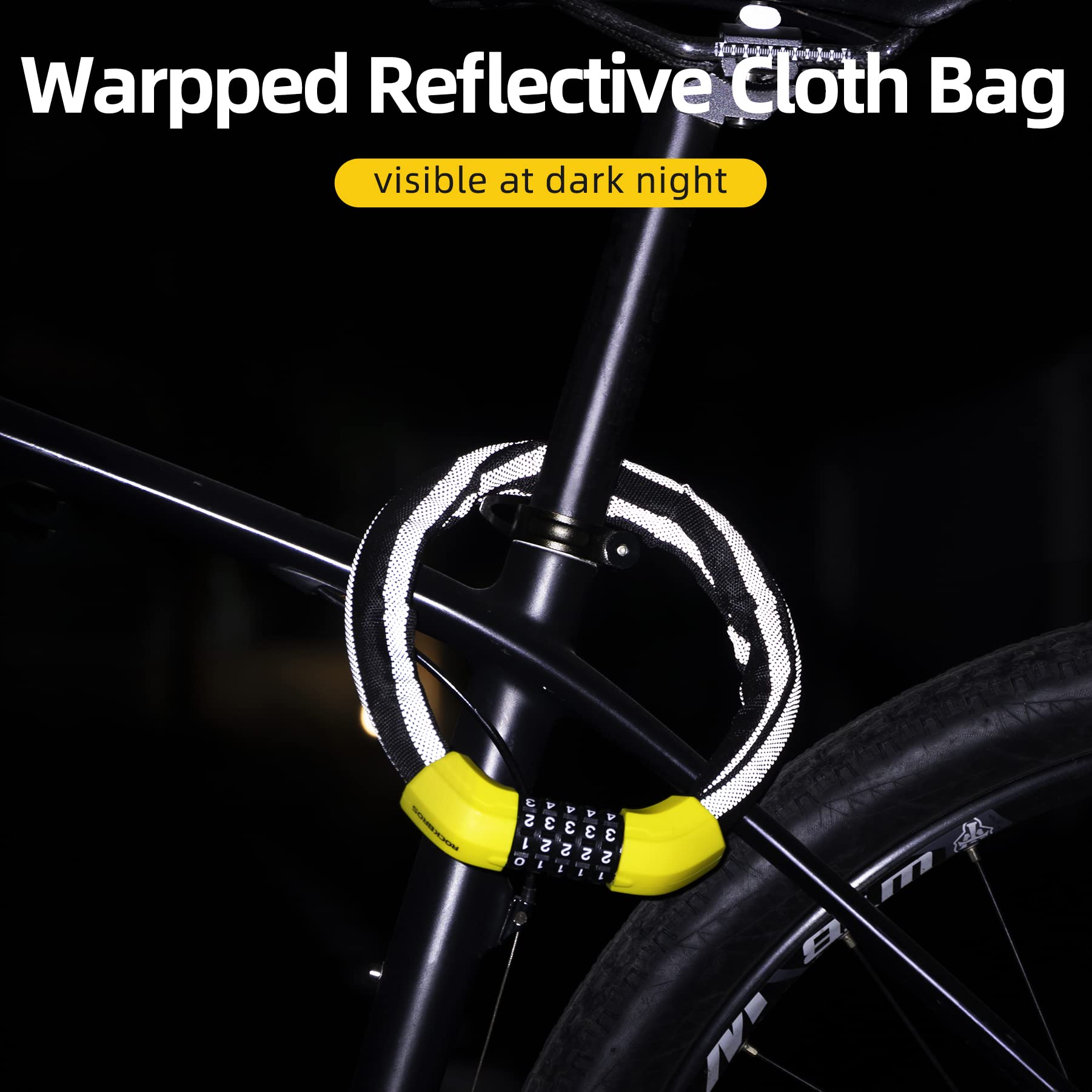 ROCKBROS Bike Lock Cable Combination Bike Cable Lock 5 Digits Resettable High Security Anti Theft Bicycle Lock Reflective Cloth Combo Bicycle Cable Lock Yellow