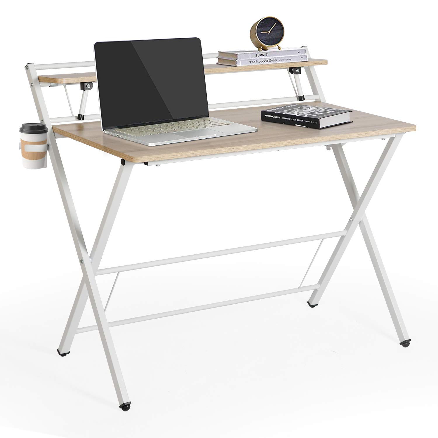 Small Desk for Bedroom, 2-Tier Small Computer Desk with Shelf Space Saving Laptop Study Foldable Table for Small Spaces