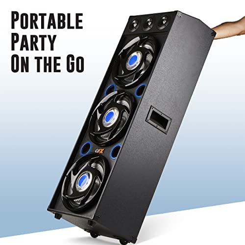 QFX SBX-412300BT TWS Bluetooth Triple 12β Woofer Triple 1β Tweeter Recording High-Performance PA Cabinet Speaker with 10-Band Graphic EQ, 2 Microphone Inputs, Guitar Input, and AUX Input, Blue