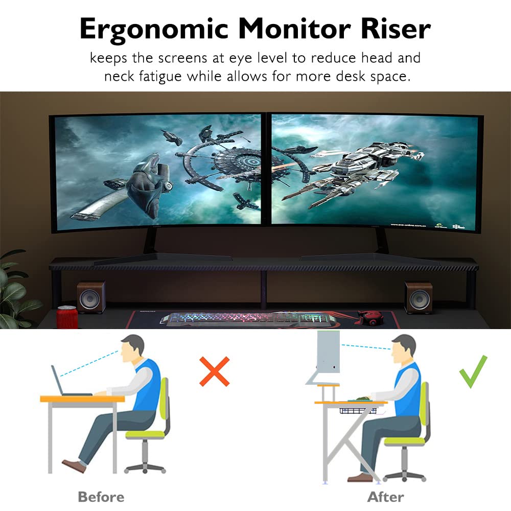 Tribesigns Gaming Desk with Monitor Riser, 55 inches Gamer Computer Desk PC Laptop Gaming Workstation with K Shaped Leg, Under-top Basket, Cup Holder & Headphone Hook for Home Use