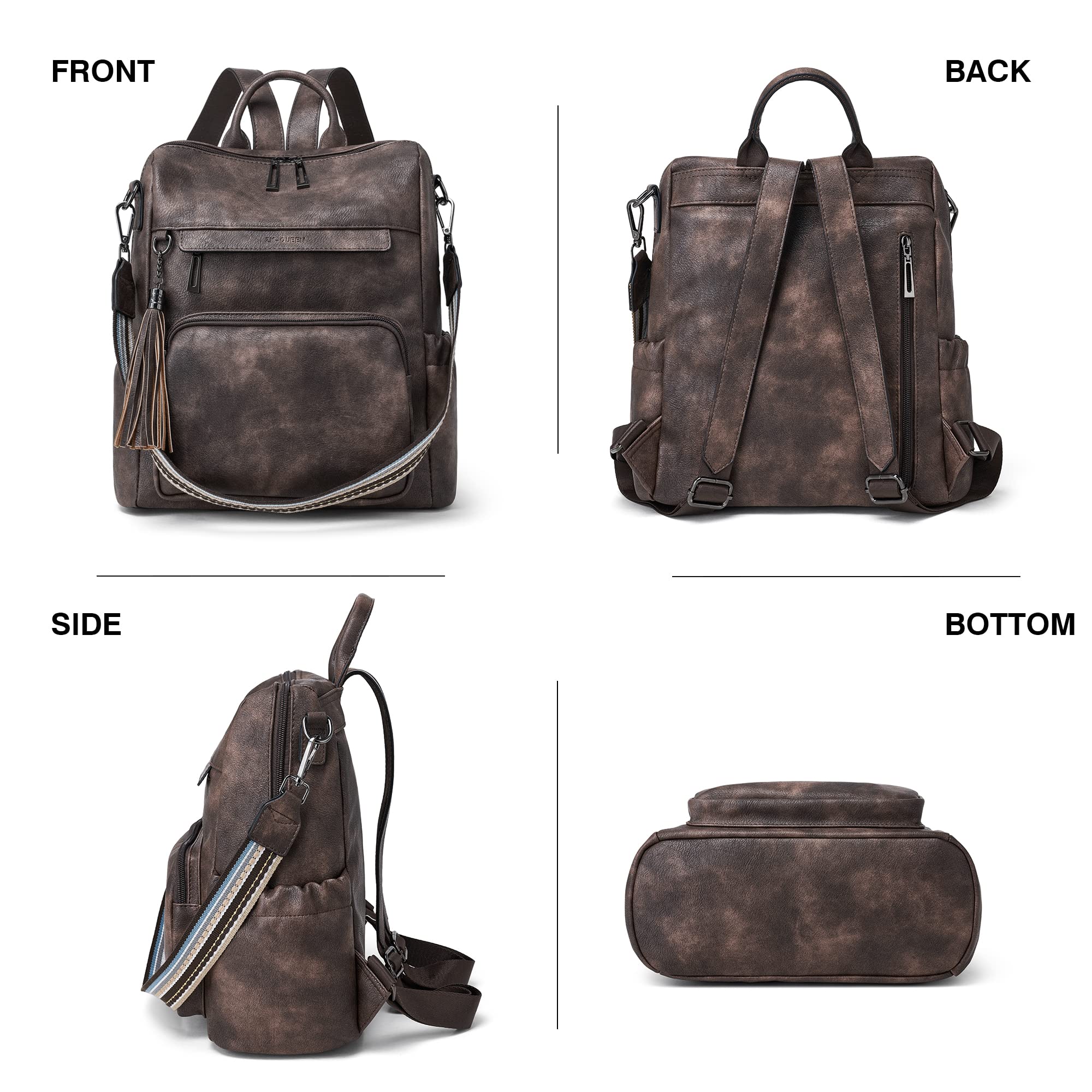 ZK-Queen Backpack Purse for Women Fashion Leather Designer Backpack Purses With Wristlets Travel Shoulder Bags