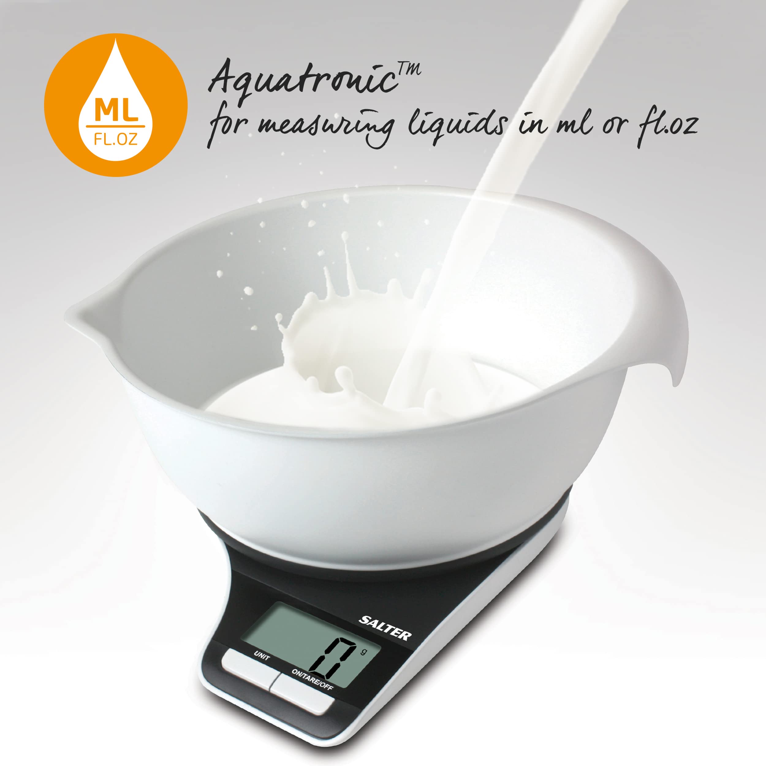 Salter 1089 BKWHDR Measuring Jug Electronic Kitchen Scale, Food/Baking Scale, Dishwasher Safe 1.25L Bowl, Easy Pour, Add & Weigh, Measures Liquids/Fluids, 5 Kg Capacity, Metric/Imperial, White/Black