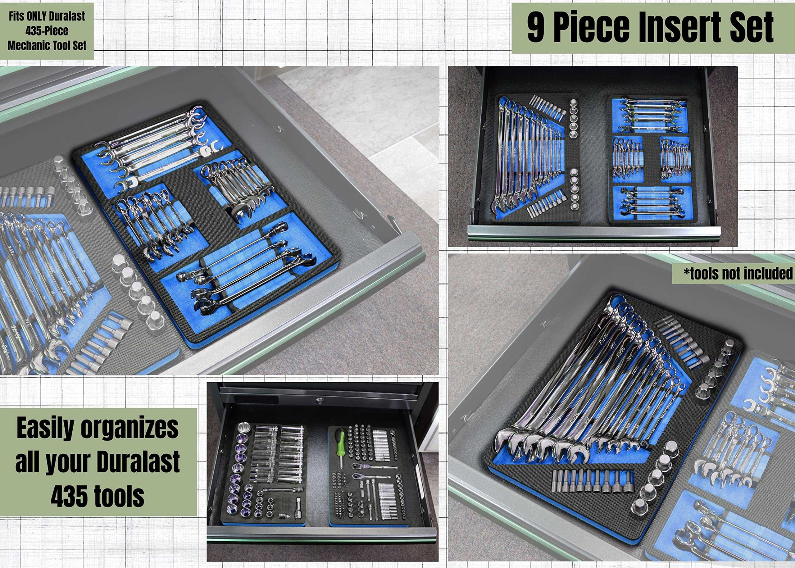 Polar Whale Tool Drawer Organizer Inserts Fits Duralast 435 Piece Mechanics Set Blue and Black Durable Foam Trays Holds Many Tools ONLY For 61-990 1089589 Fits Most Cabinet and Chest Drawers