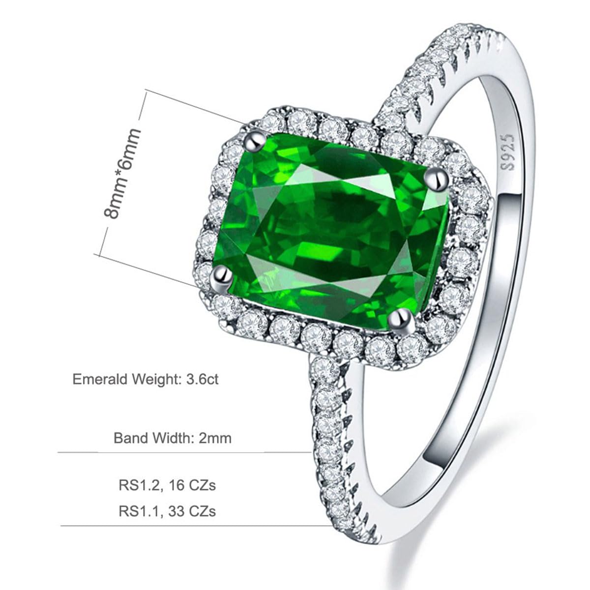 Yaresul 3.6ct 8x6mm Created Green Simulated Emerald Rings 925 Sterling Silver Engagement Ring for Women May Birthstone Rings Paved Cubic Zirconia Wedding Rings Size 5