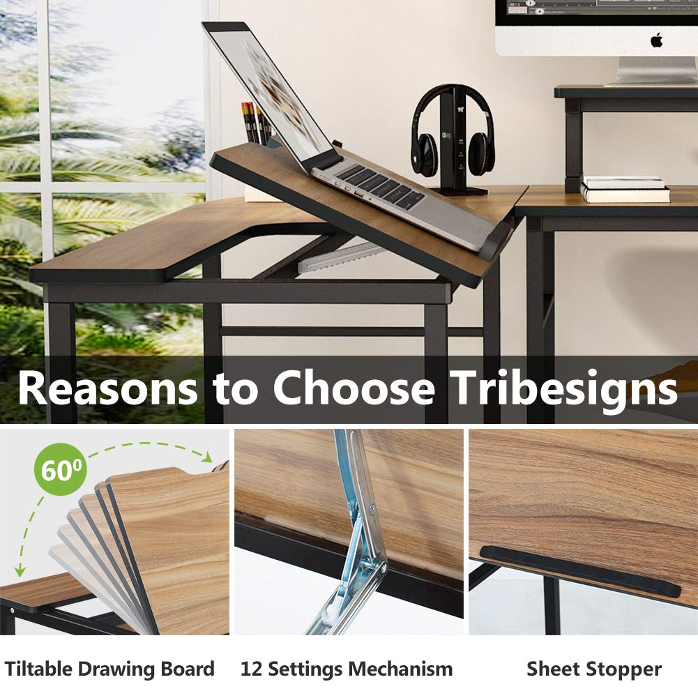 Tribesigns L-Shaped Computer Desk with Monitor Stand Riser, 70.8 inches Corner Computer Desk Study Writing Workstation Drafting Table with Tiltable Drawing Board for Home Office Use, Oak