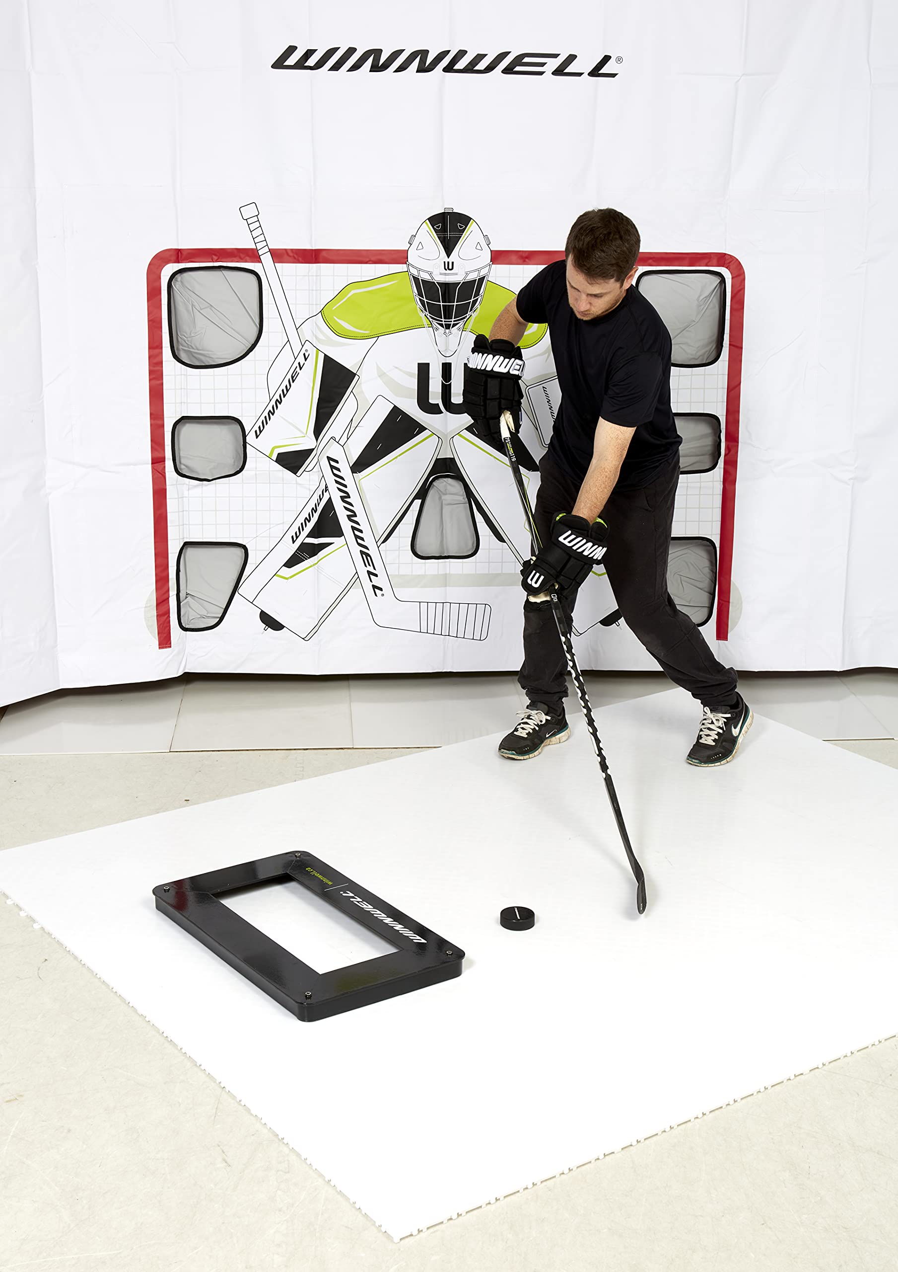 Winnwell 4Way Hockey Passing Aid - Passing & Stick Handling Trainer Suitable for On/Off Ice, Help Improve Puck Control & Shooting with Rubber Rebounder Passing Aide | Equipment Made for Kids & Adults