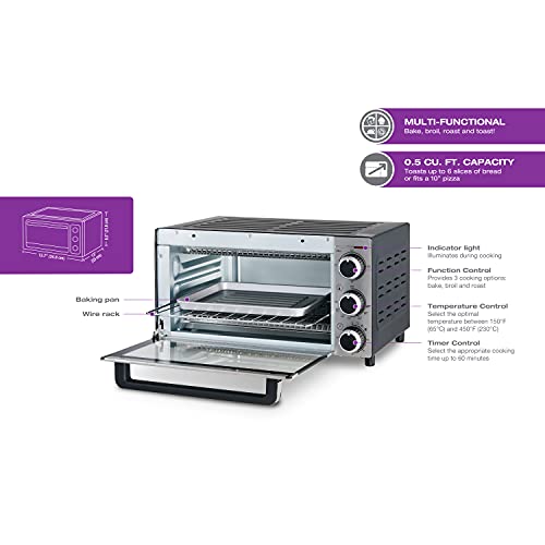 Salton Classic 6 Slice Multi-Function Toaster Oven for 10" Pizzas, Stainless Steel Finish with Timer and Temperature Control, Accessories Included, 1300W (TO2091BK)