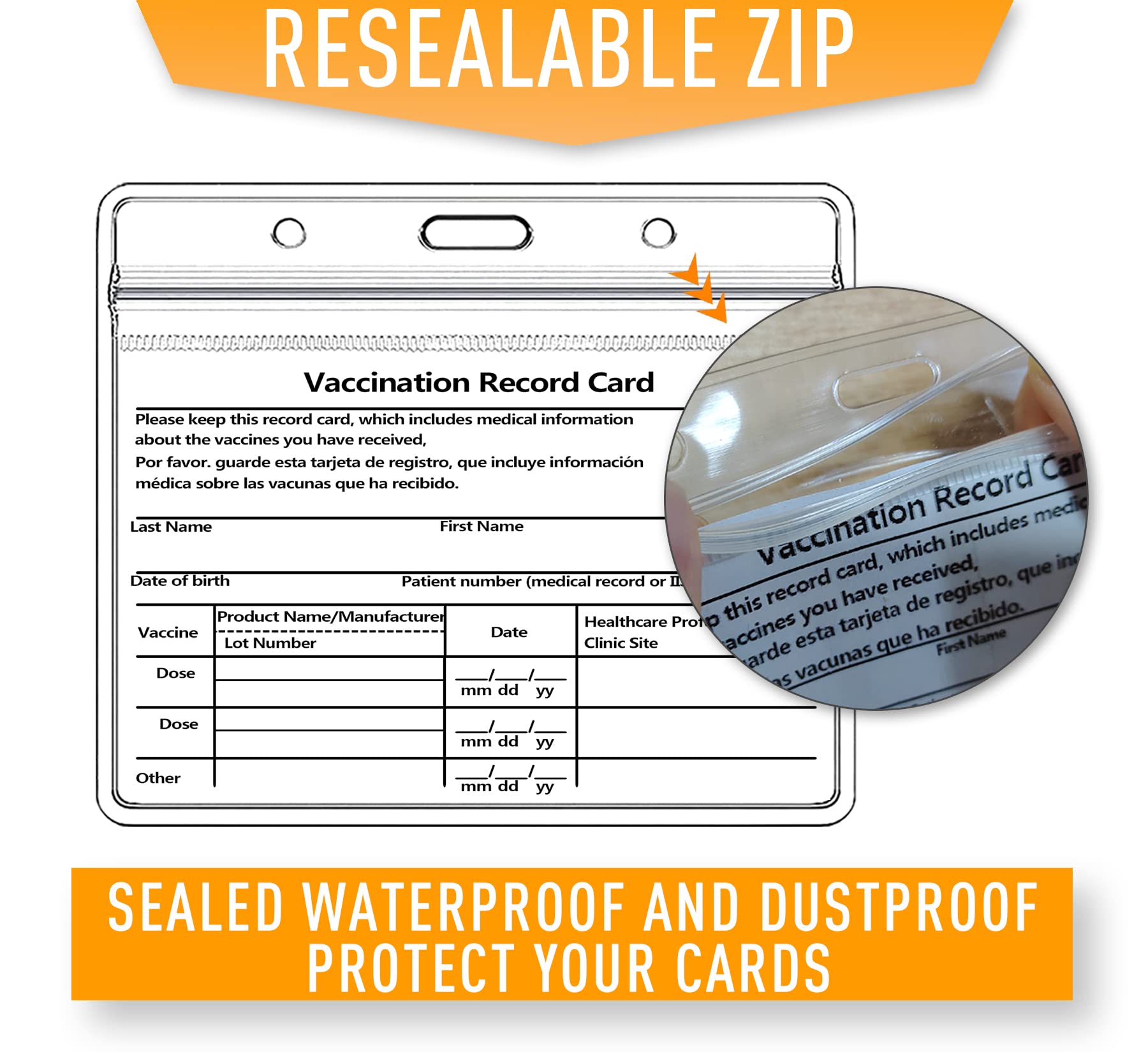 Waterproof Vaccination Card Protector, 5 Pack Plastic ID Holder for Vaccination Card Clear Plastic Card Sleeves with Hole Slots for Lanyards, Vax Document Holders with Resealable Zip, PVC - 4.25"x3"