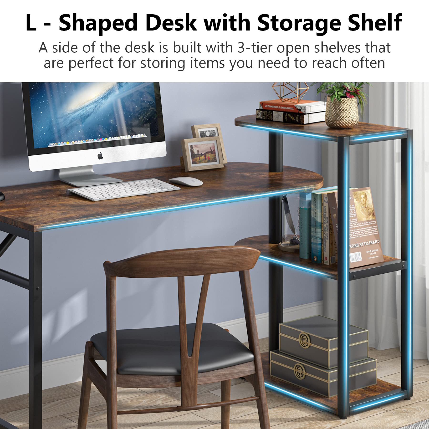 Tribesigns Rotating Desk, Industrial l Shaped Computer Desk with Storage Shelf, Reversible Rustic Office Desk Great for Home Office (Rustic)